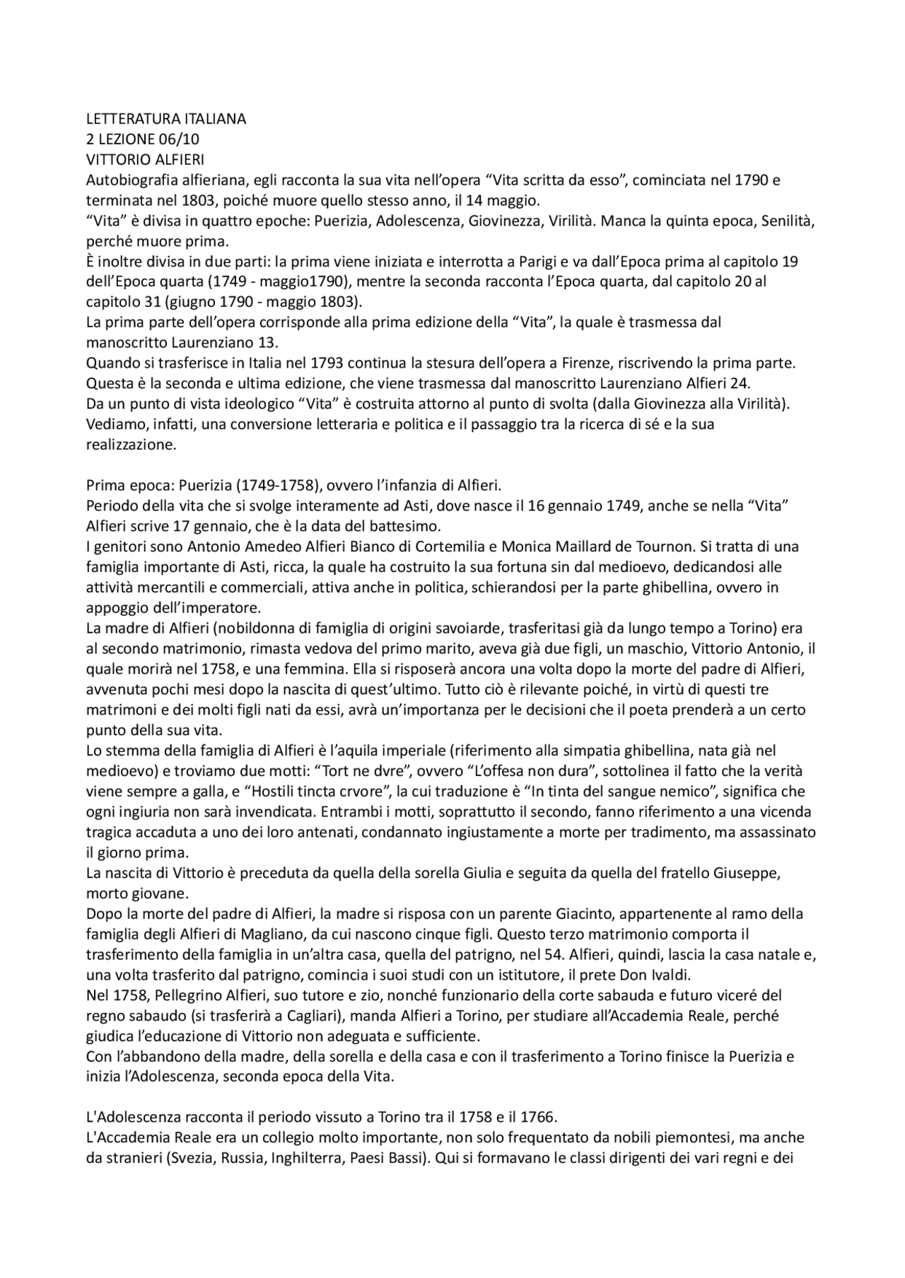 Vita Di Vittorio Alfieri Docsity