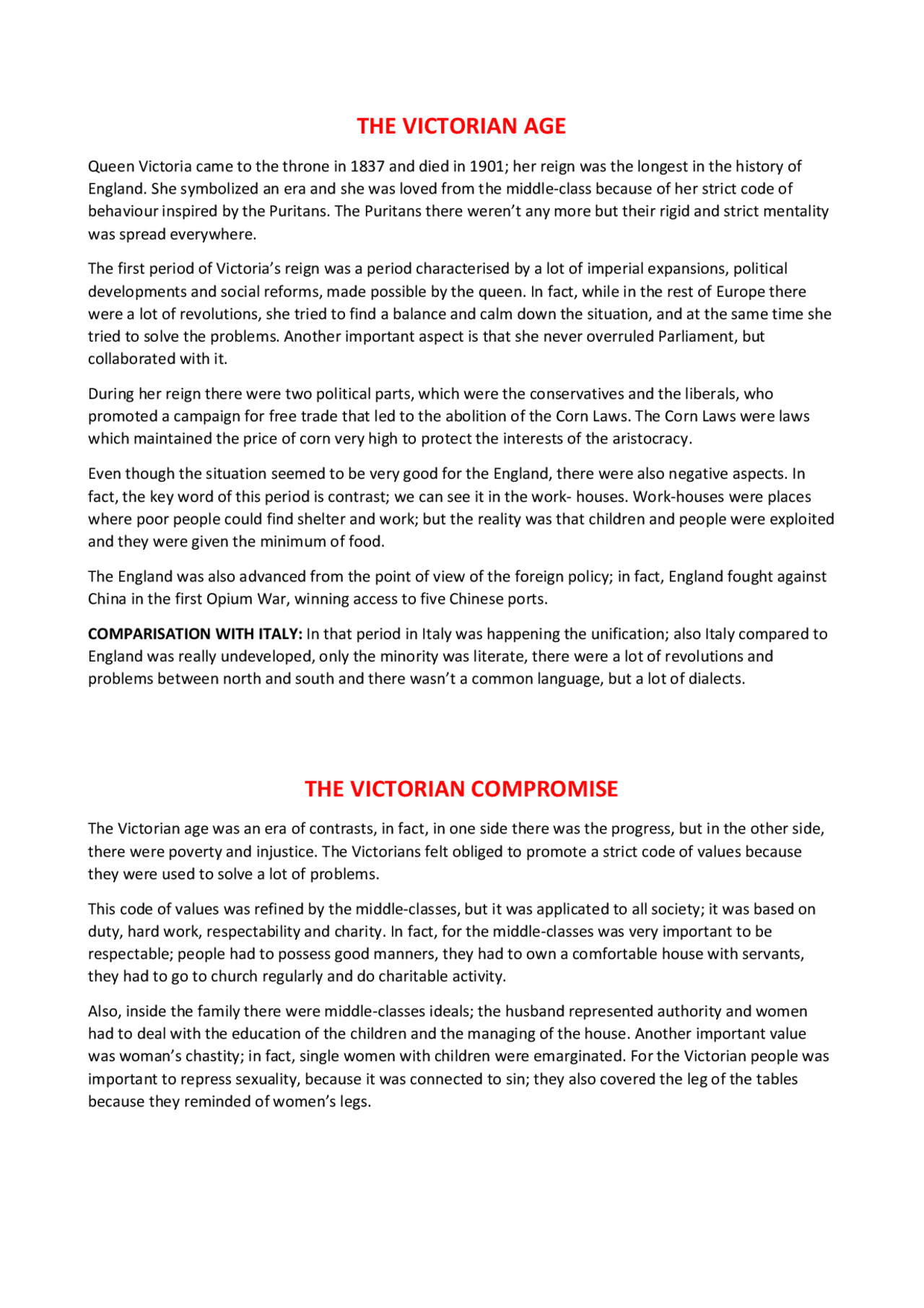 The victorian age and the victorian compromise | Appunti di Inglese | Docsity