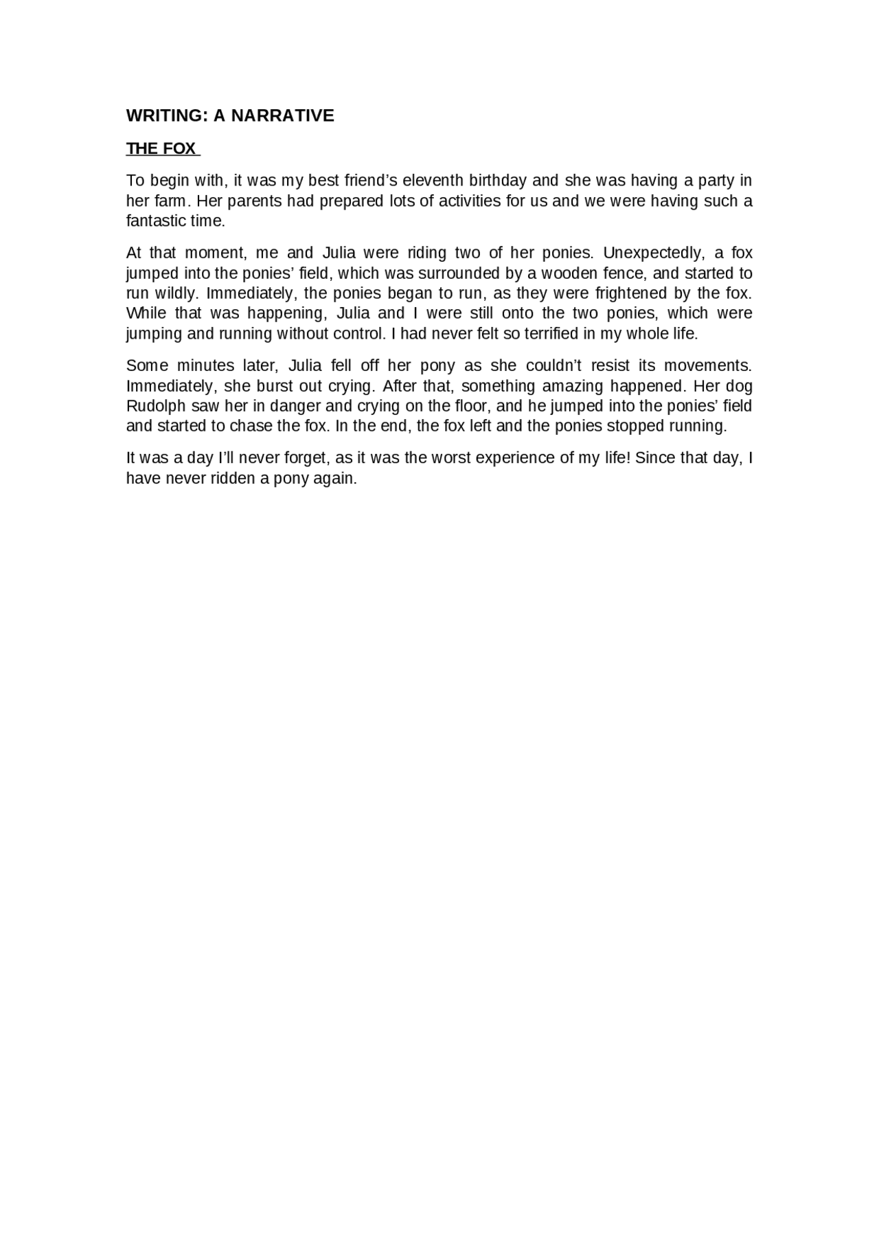 Writing: A narrative | Exercises of English | Docsity