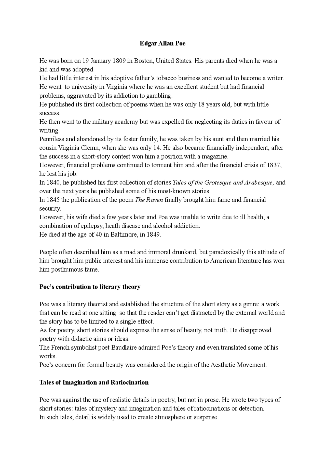 Edgar Allan Poe summary - Docsity