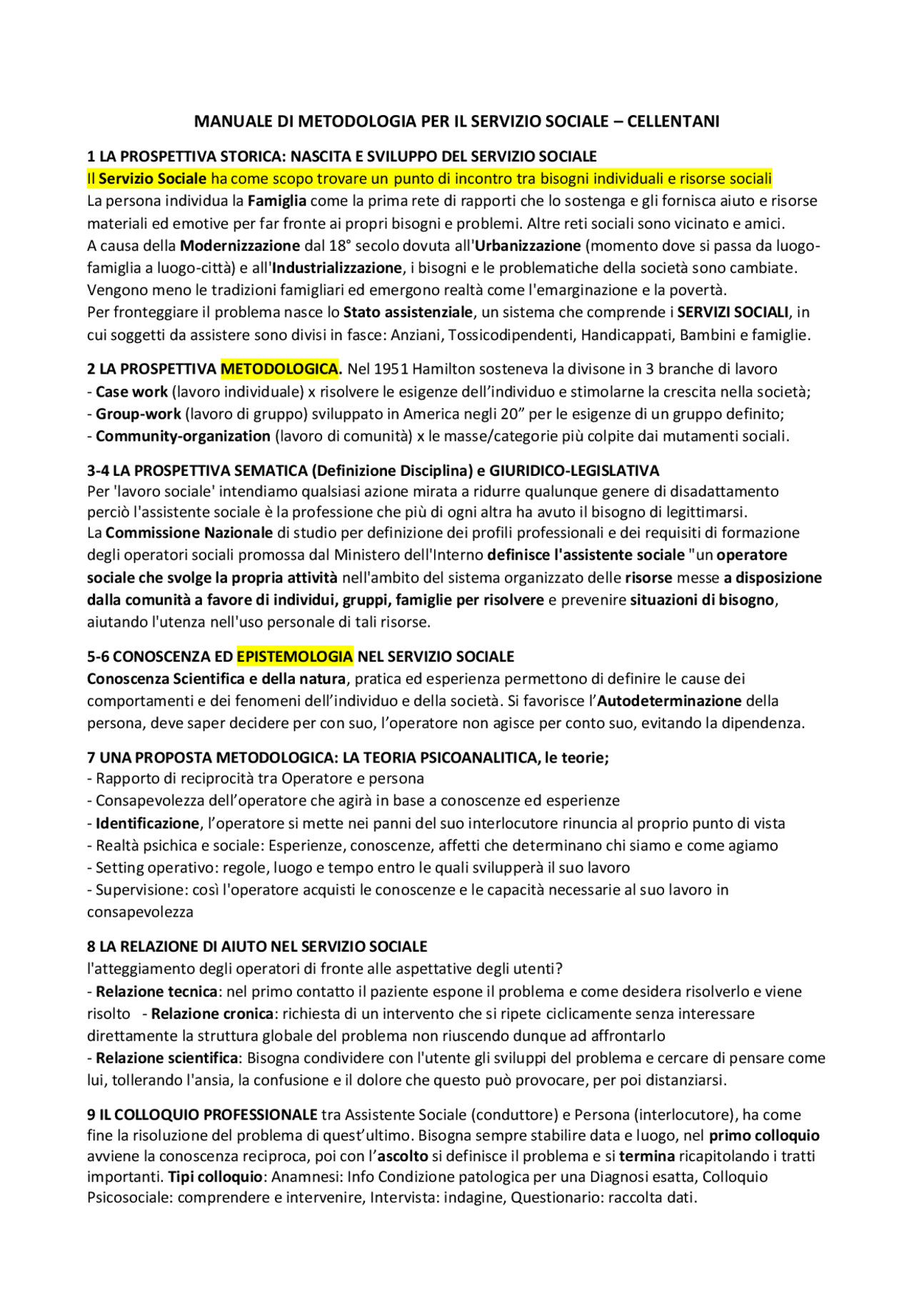 MANUALE DI METODOLOGIA PER IL SERVIZIO SOCIALE Cellentani - Docsity
