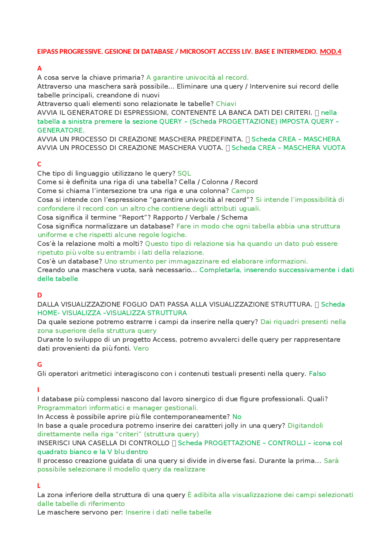 Domande Esame Eipass Progressive Acess Docsity