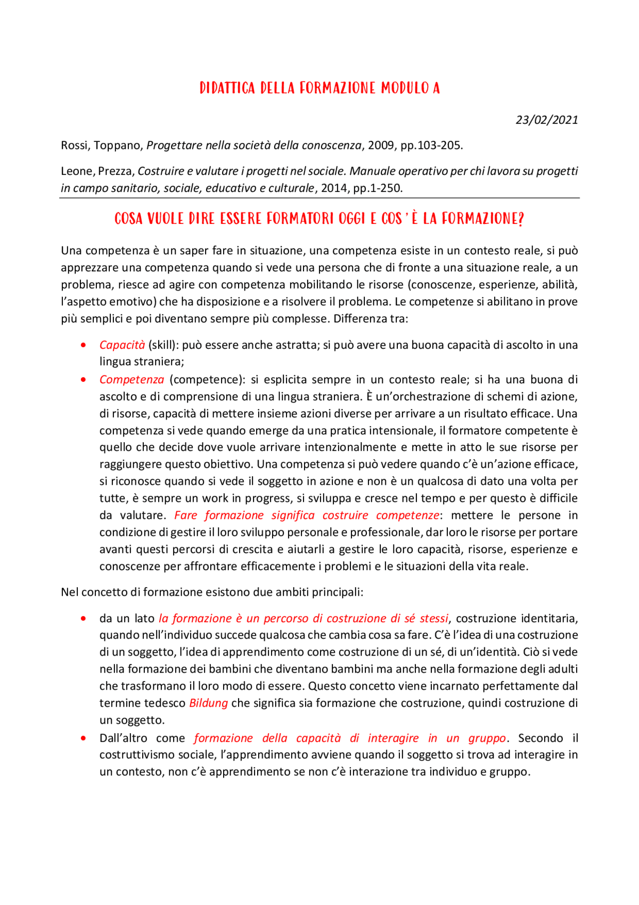 Didattica Della Formazione Modulo A Docsity