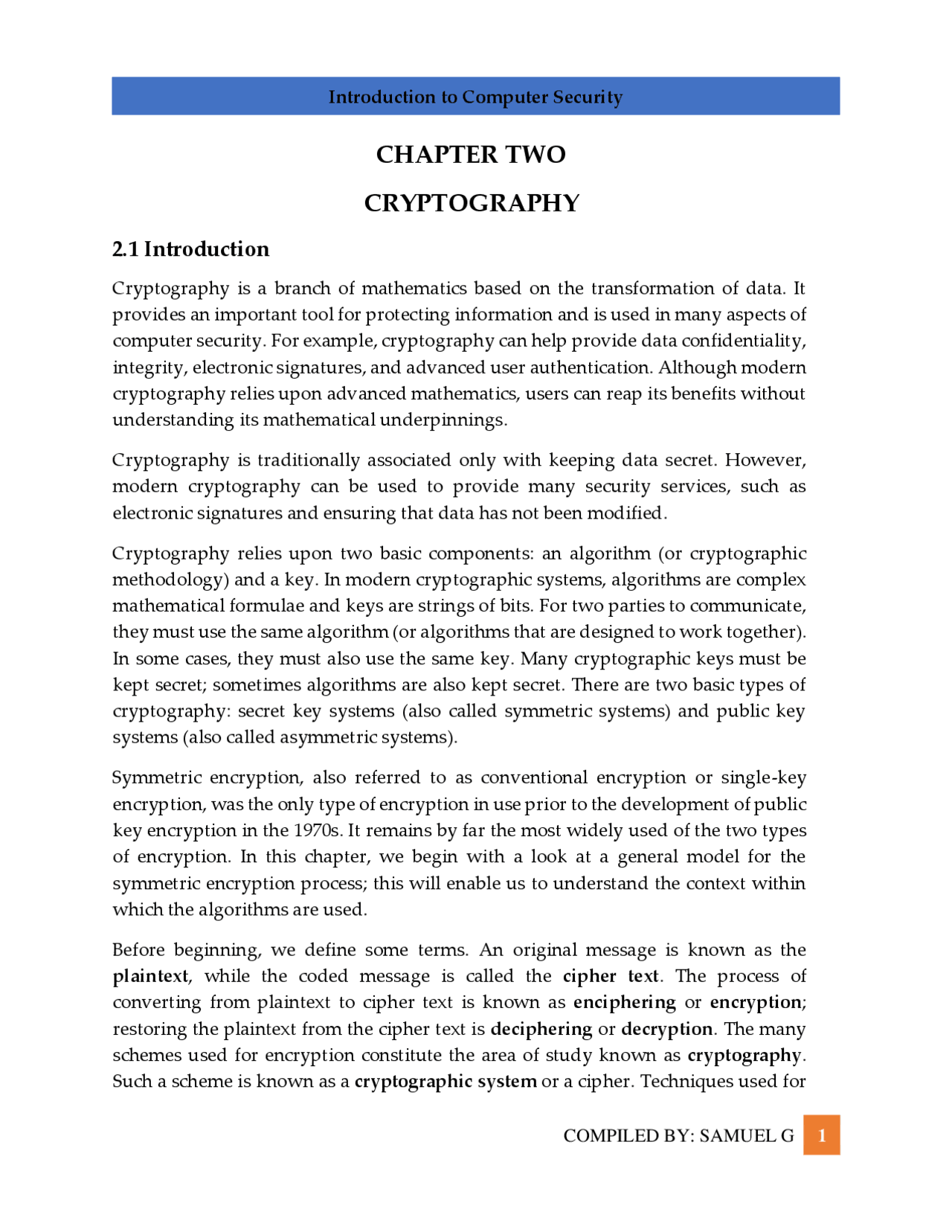 Cryptography course chapter two | Lecture notes Computer Science | Docsity