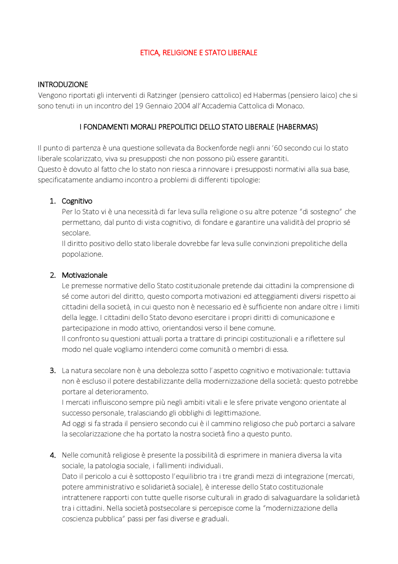 Etica, religione e stato liberale - Docsity