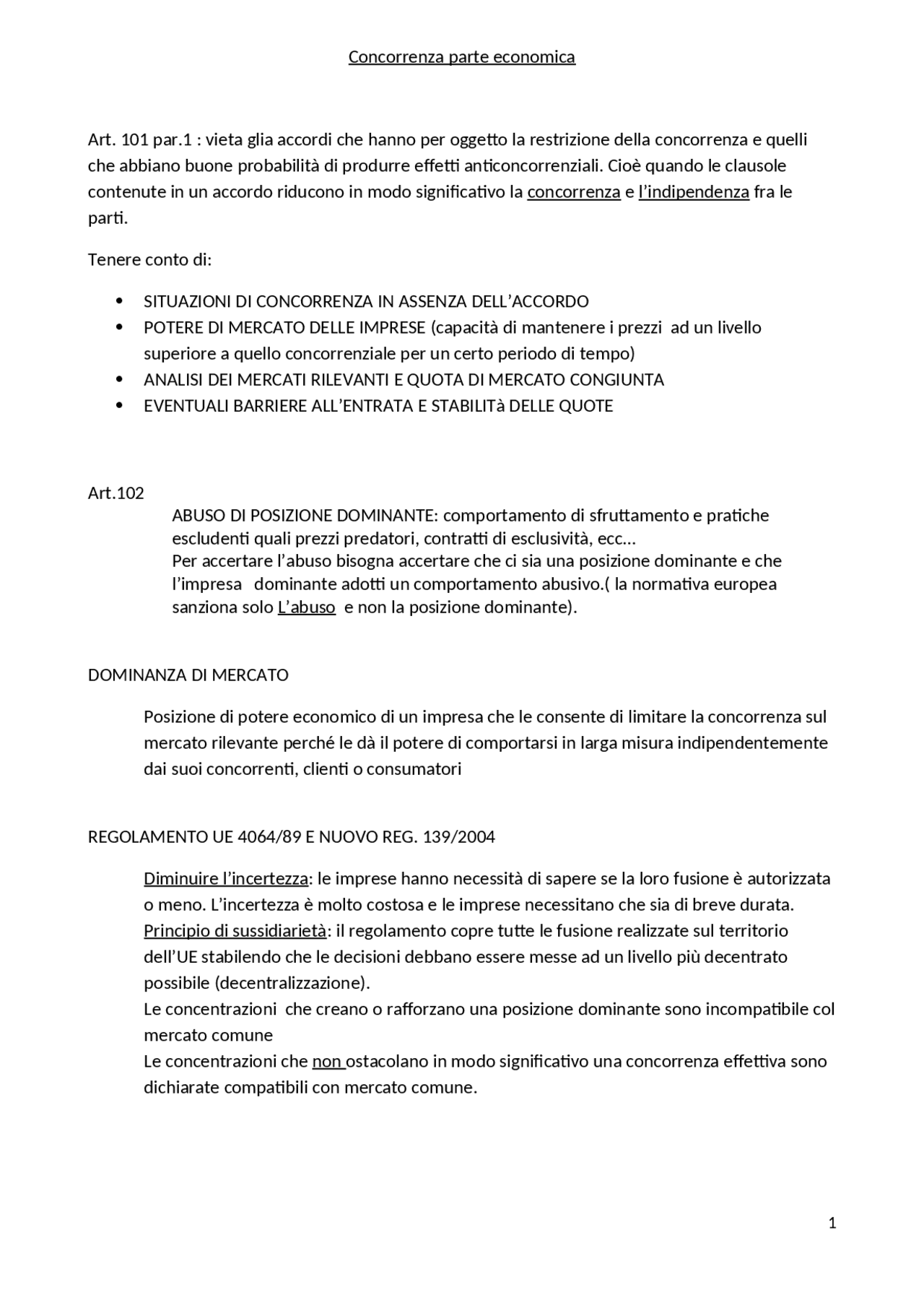 Concorrenza parte economica - Docsity