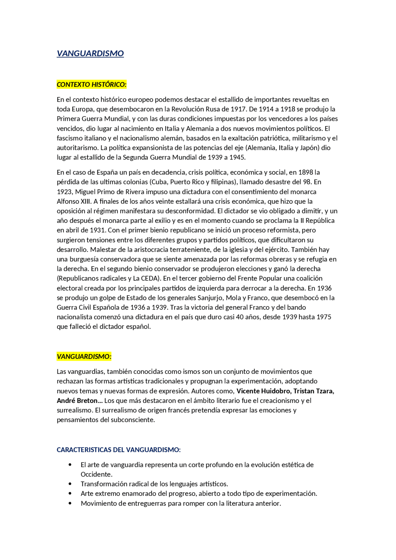 Vanguardismo y contexto histórico. - Docsity