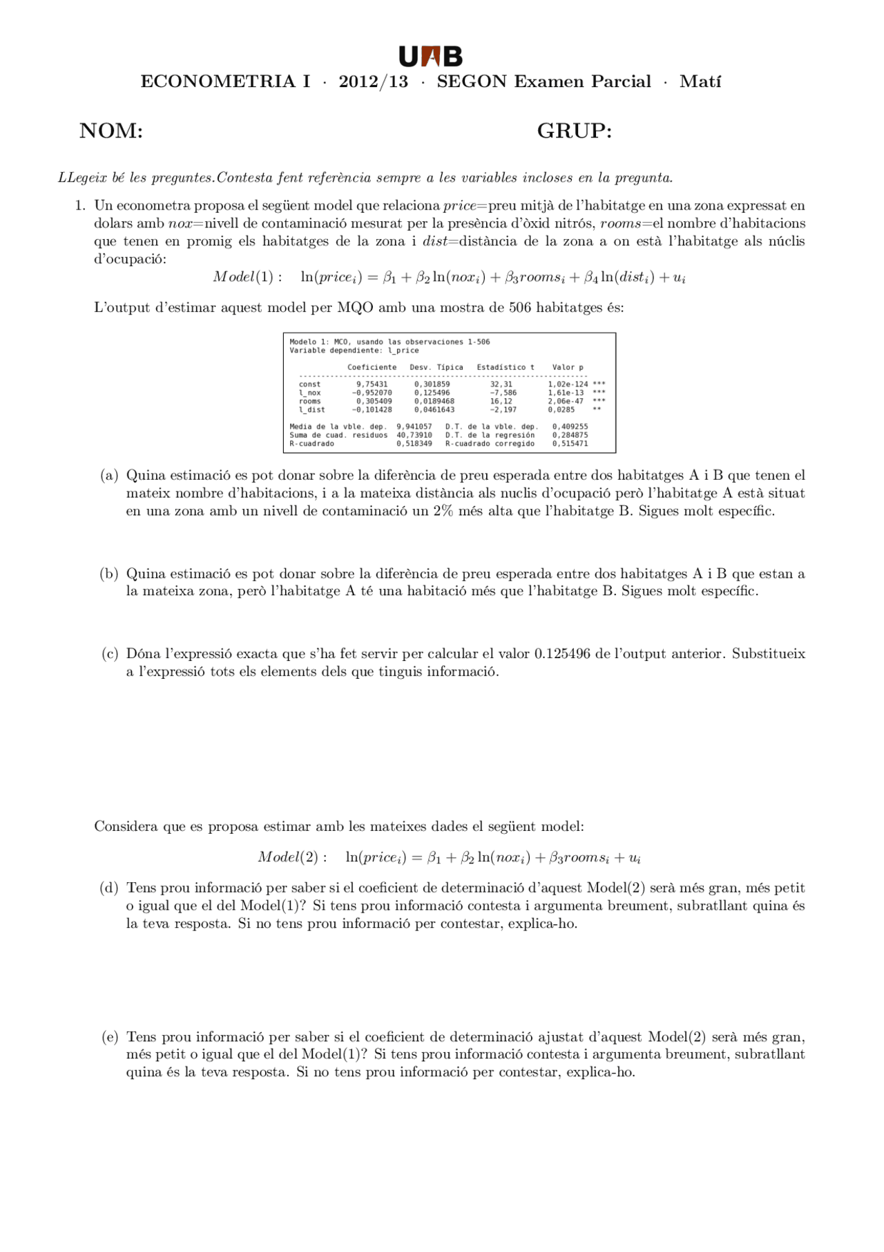 Exámenes Econometría 1 Docsity