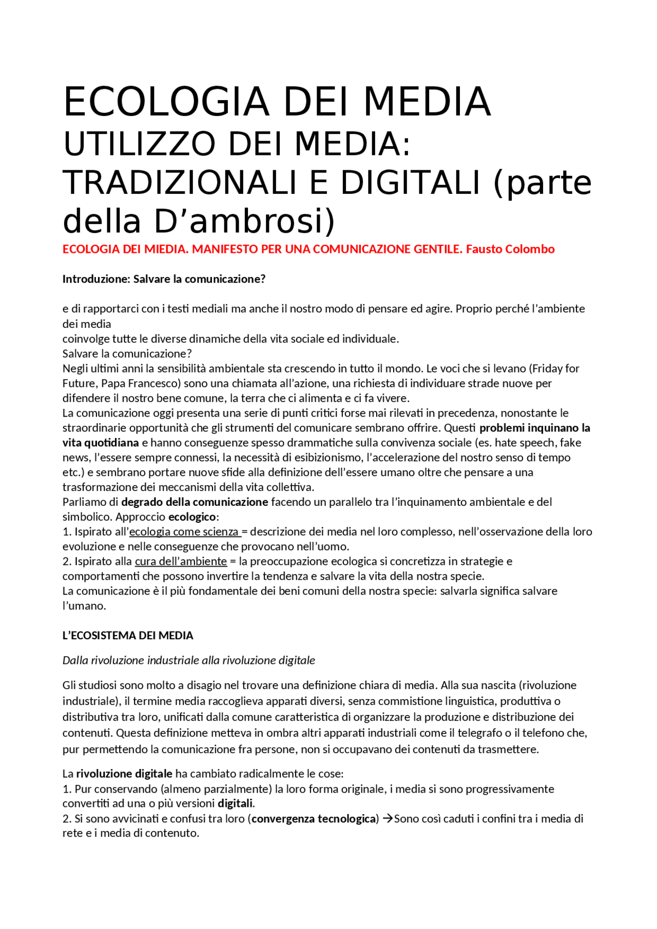 Ecologia Dei Media Manifesto Per Una Comunicazione Gentile Docsity