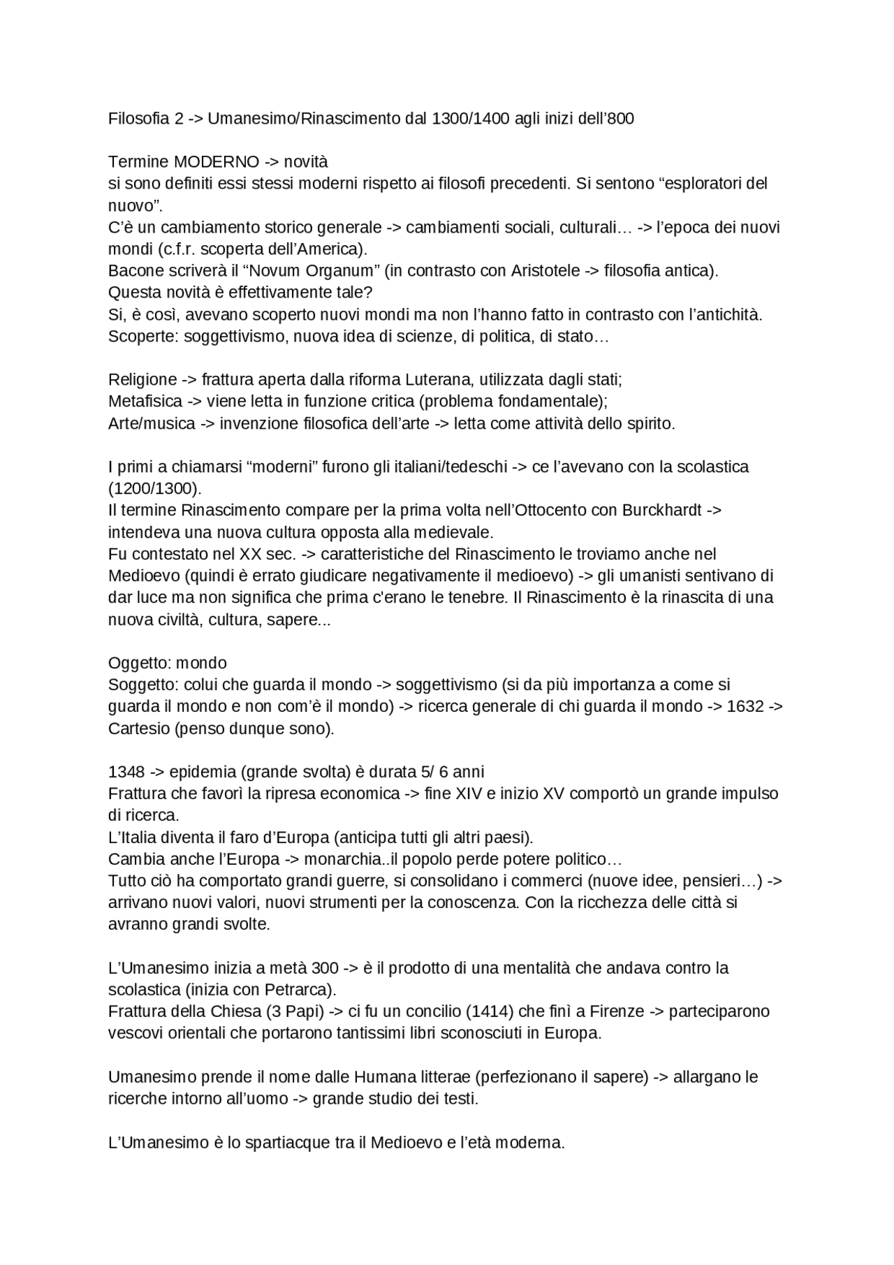 Filosofia Moderna Umanesimo E Rinascimento Docsity