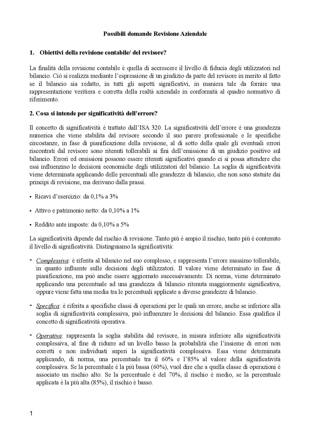 Riassunti Di Revisione Aziendale Docsity