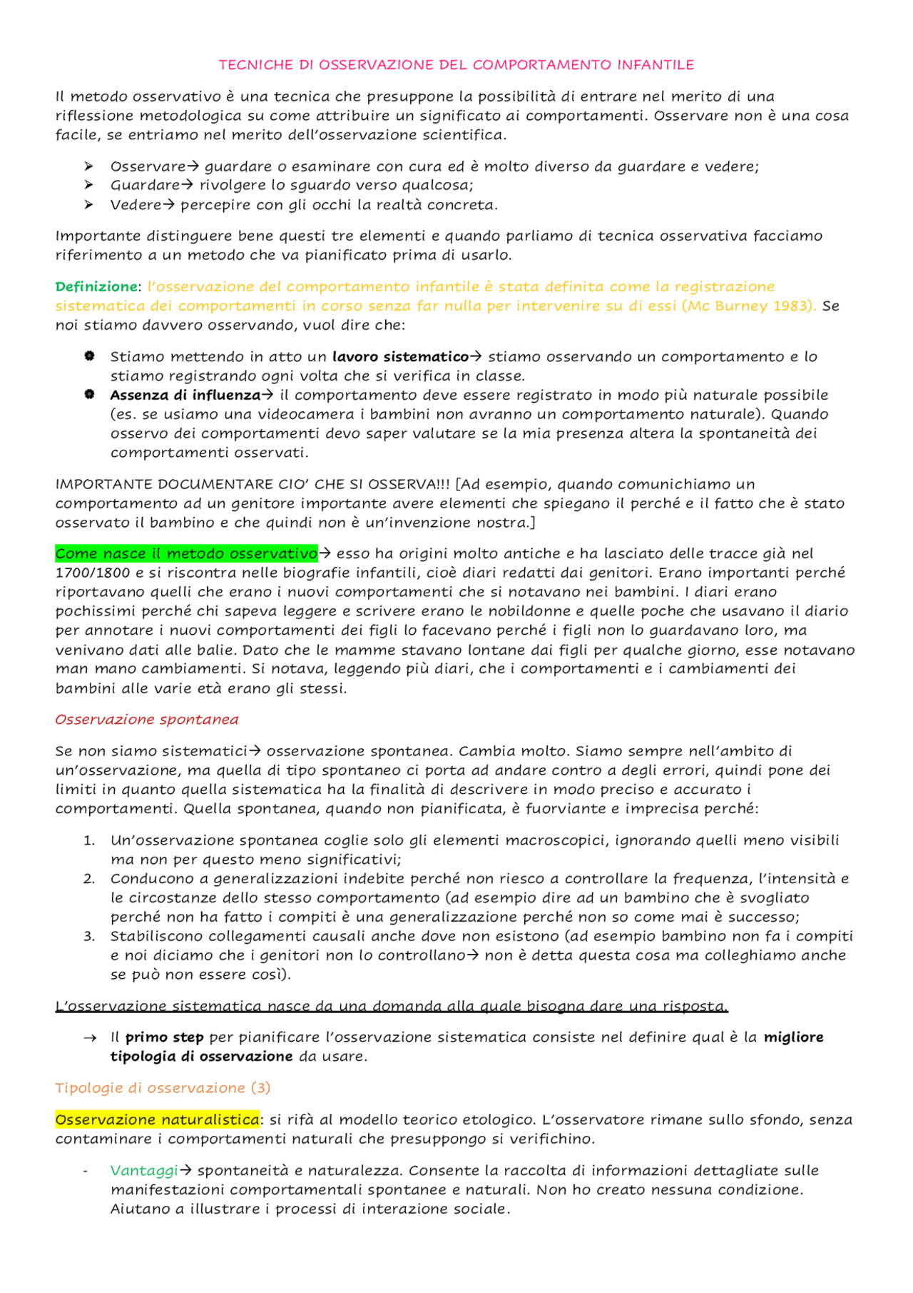 Tecniche Di Osservazione Del Comportamento Infantile Docsity