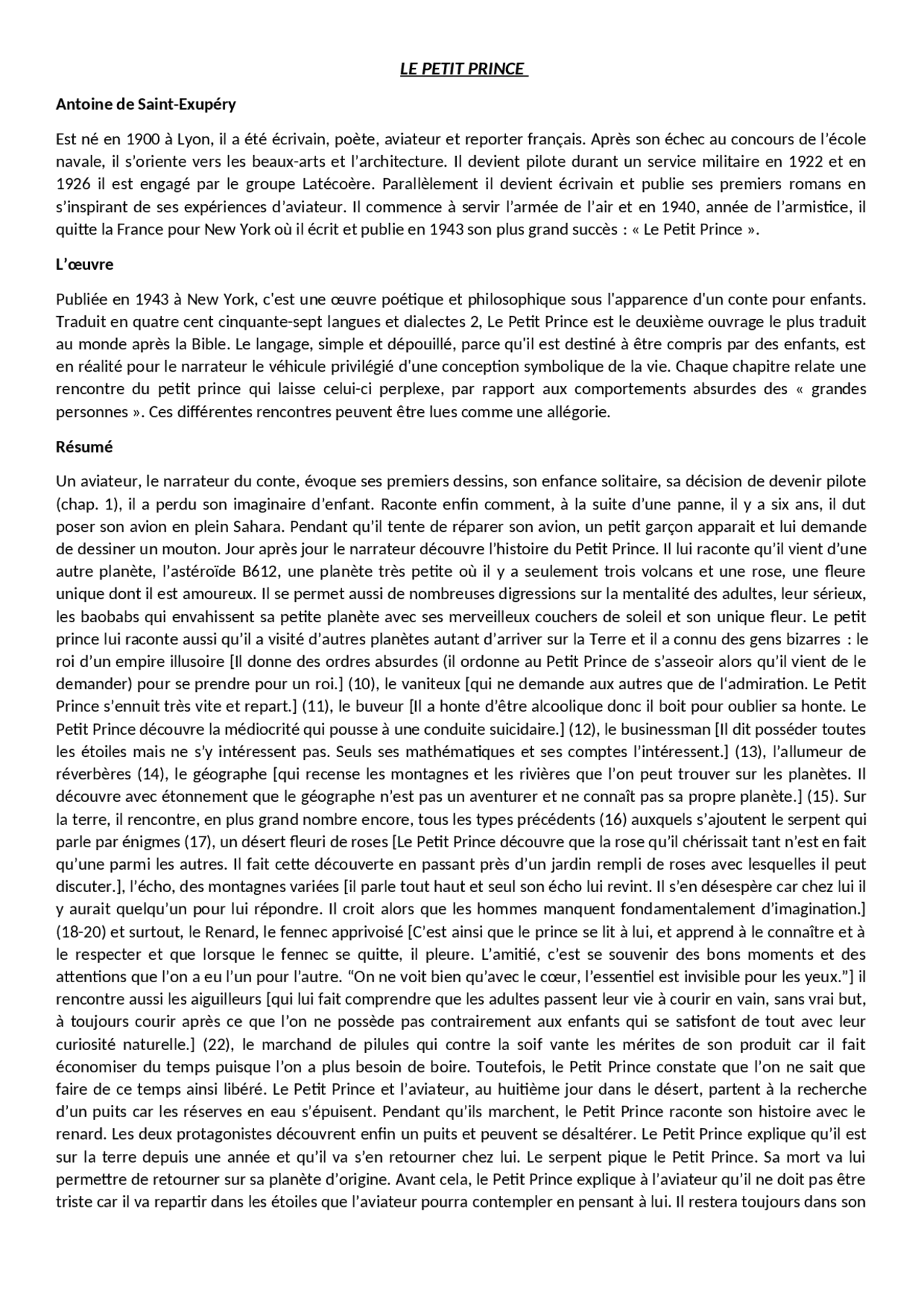 Le Petit Prince, Antoine de Saint-Exupéry - Docsity