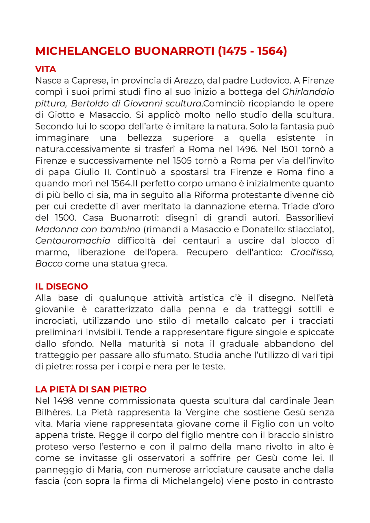 Michelangelo Buonarroti: Vita e Opere - Docsity