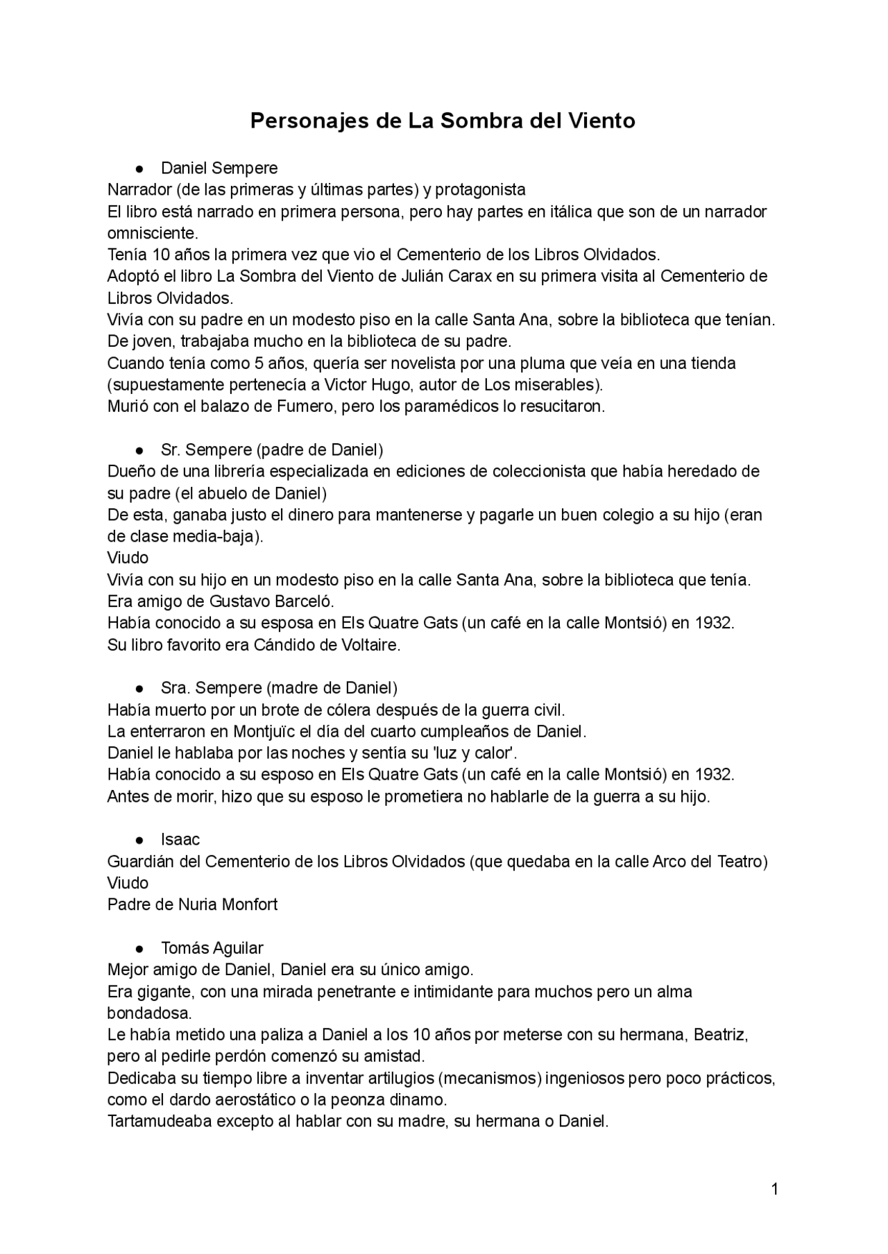 Analisi personaggi La sombra del viento - Docsity