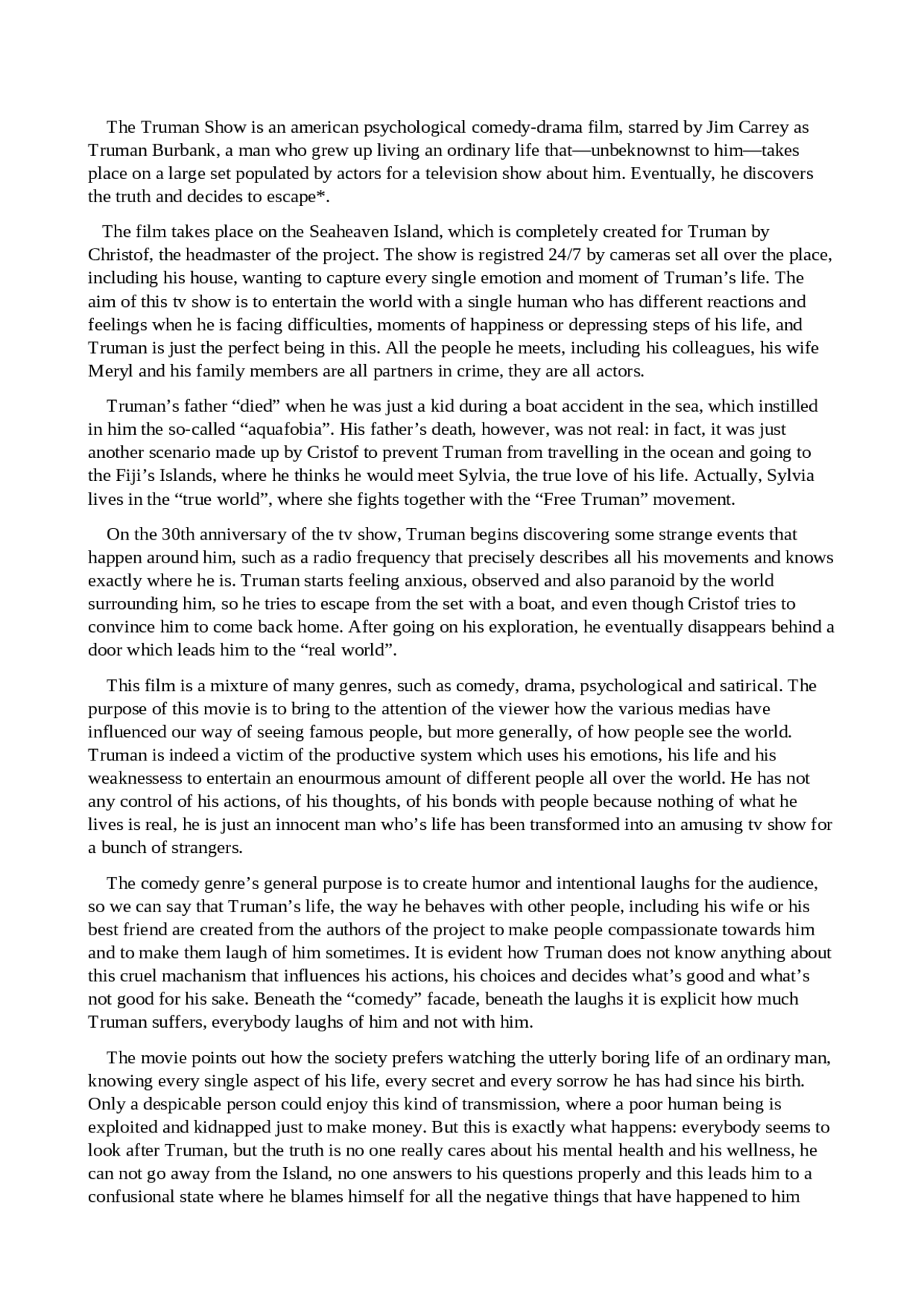 Essay on "The Truman Show" - Docsity