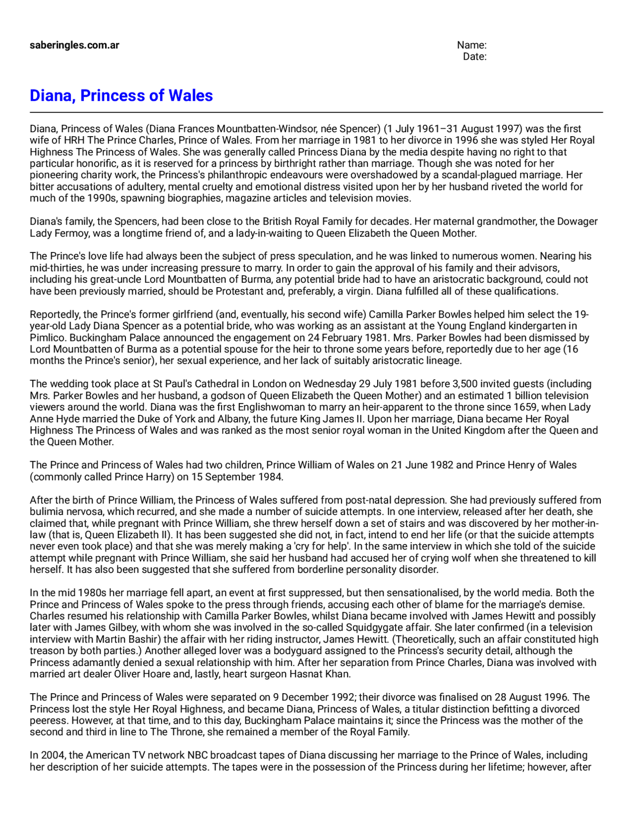 Actividades para realizar de Diana, Princess of Wales - Docsity