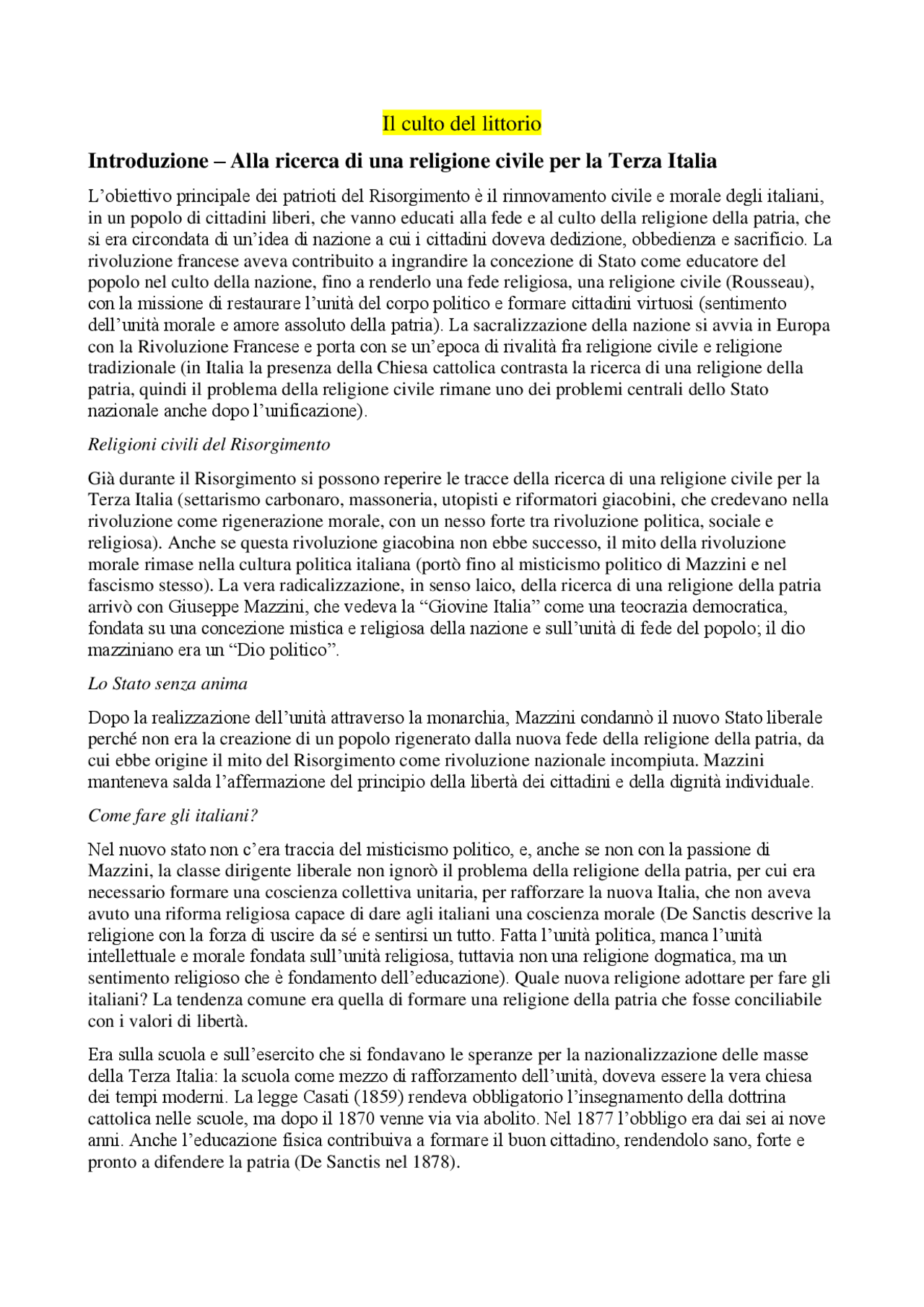 Riassunto Di Il Culto Del Littorio Di Emilio Gentile Docsity