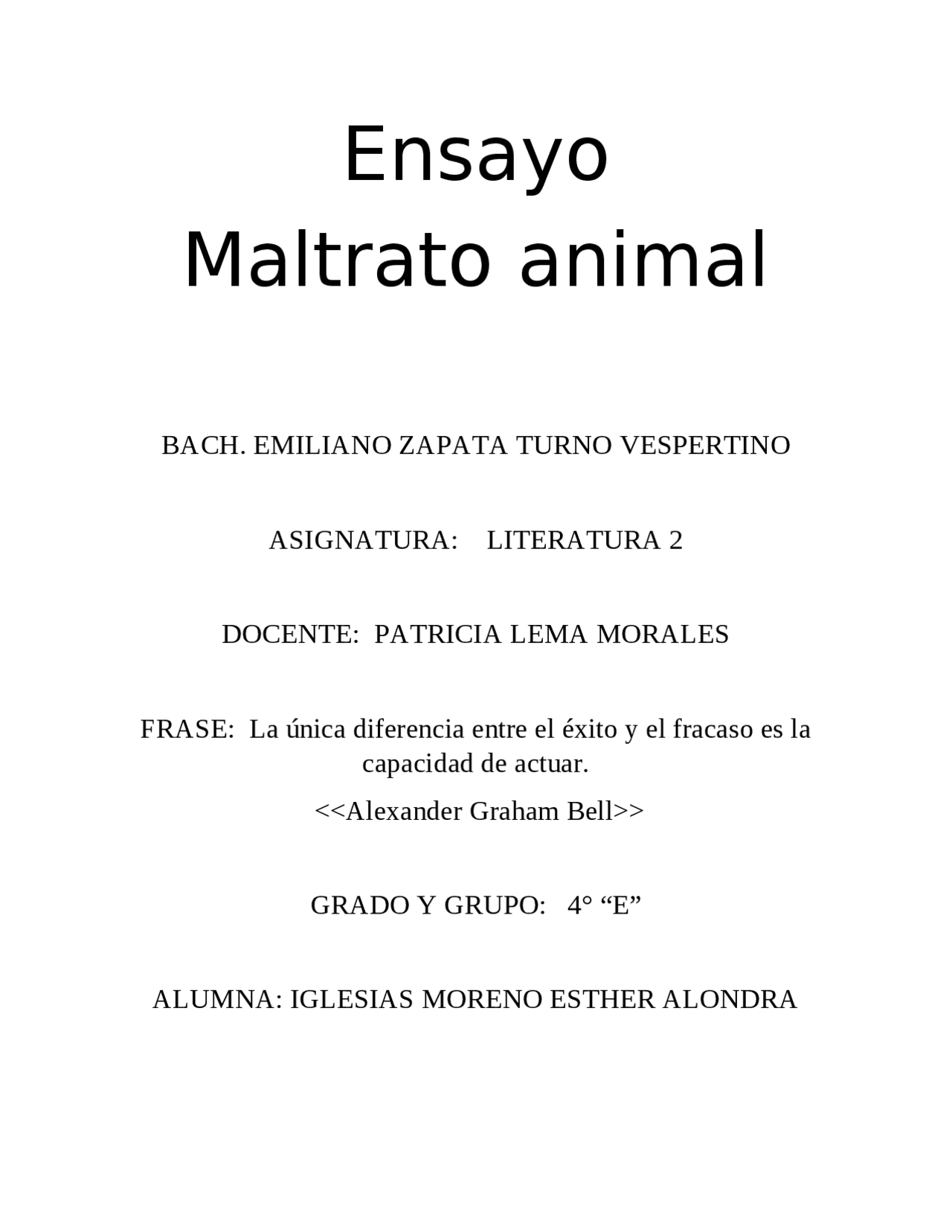 Ensayo. Maltrato animal. | Lecture notes of Spanish | Docsity