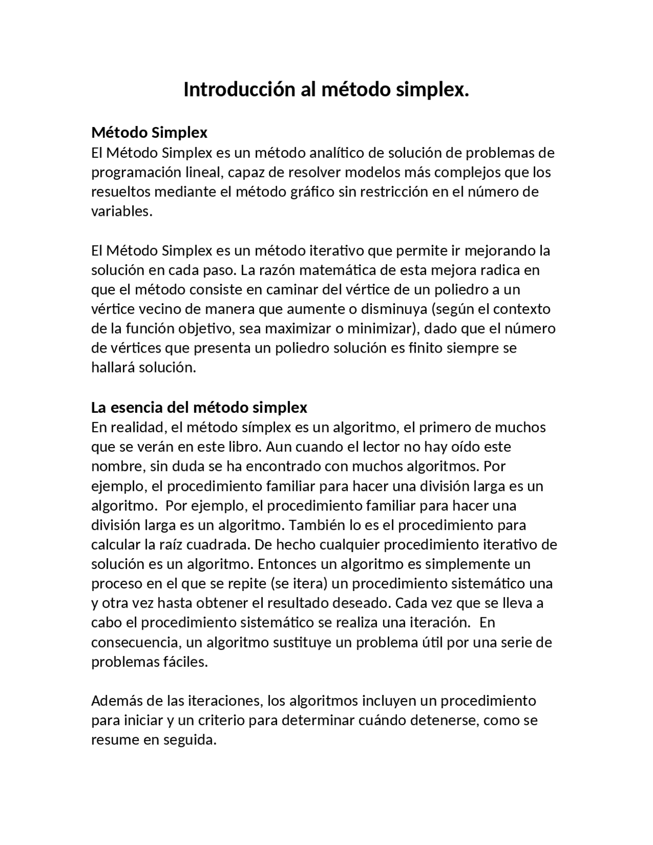 Introduccion al metodo simplex | Resúmenes de Investigación de Operaciones | Docsity
