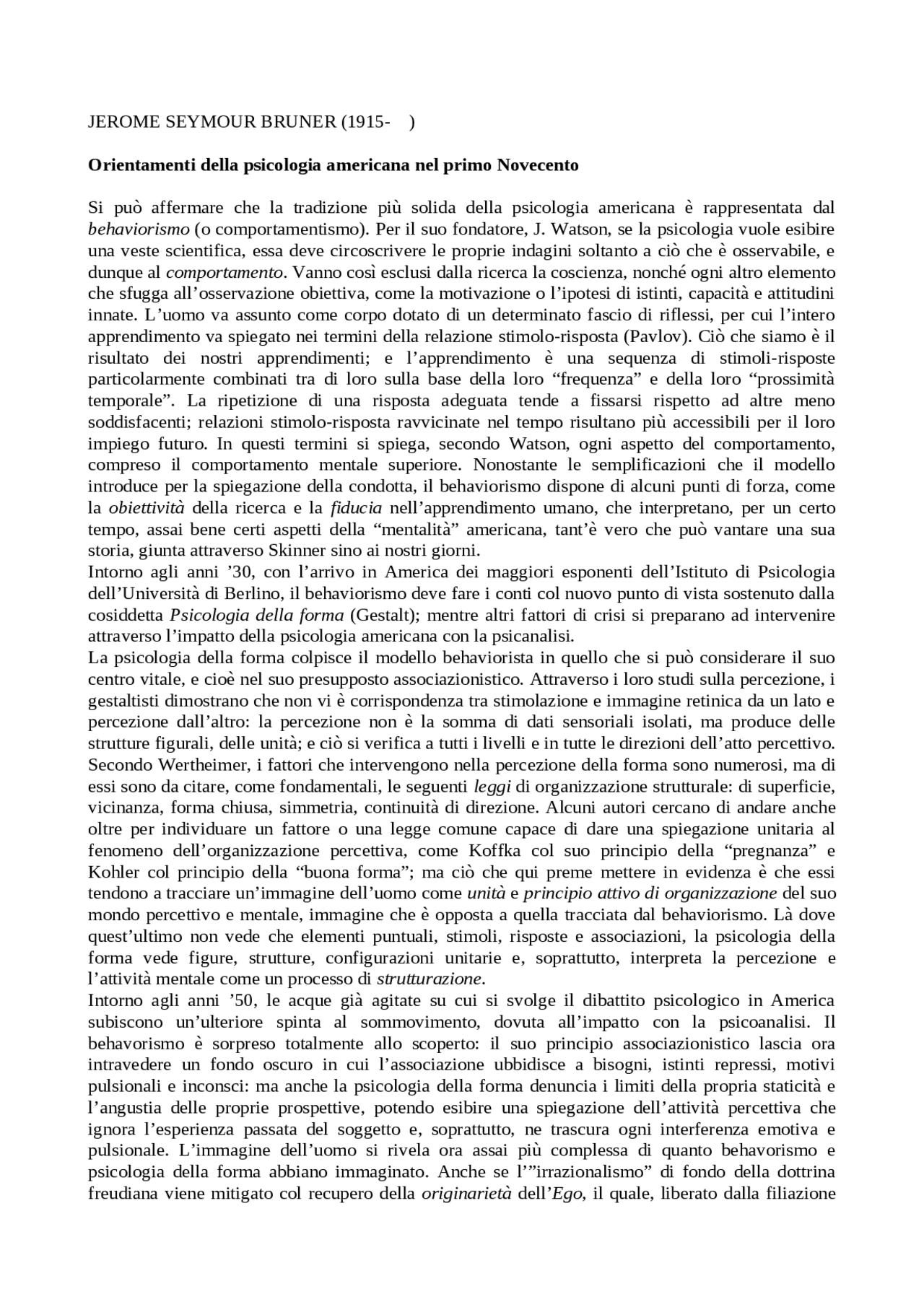 Bruner File Di Scienze Umane Docsity