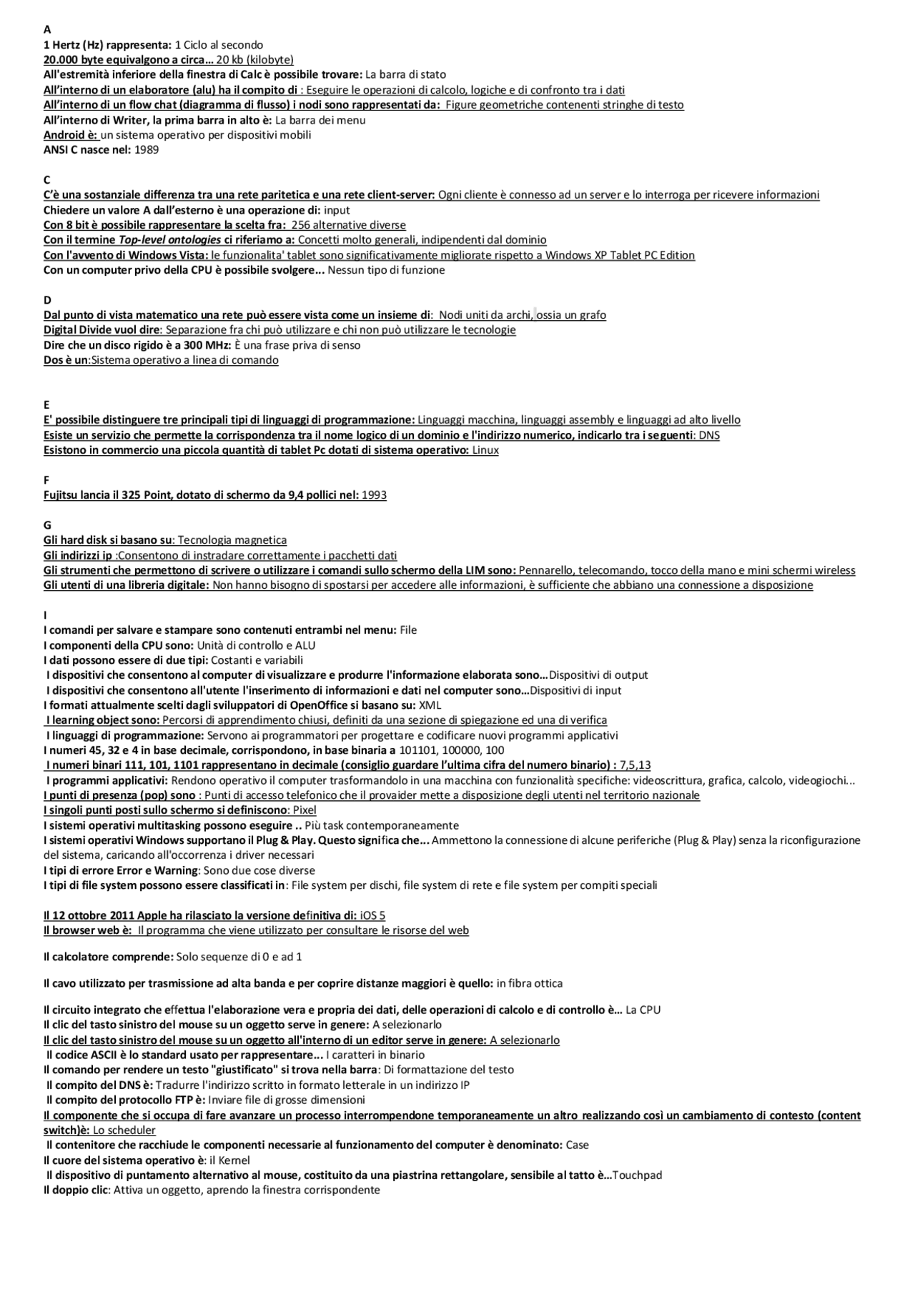 Domande Test Informatica Scienze Motorie Docsity