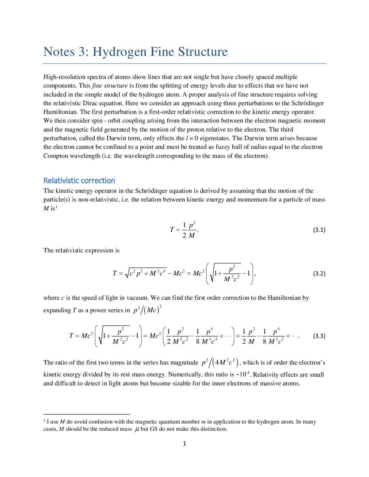 Hydrogen Fine Structure - Quantum Mechanics II - Docsity