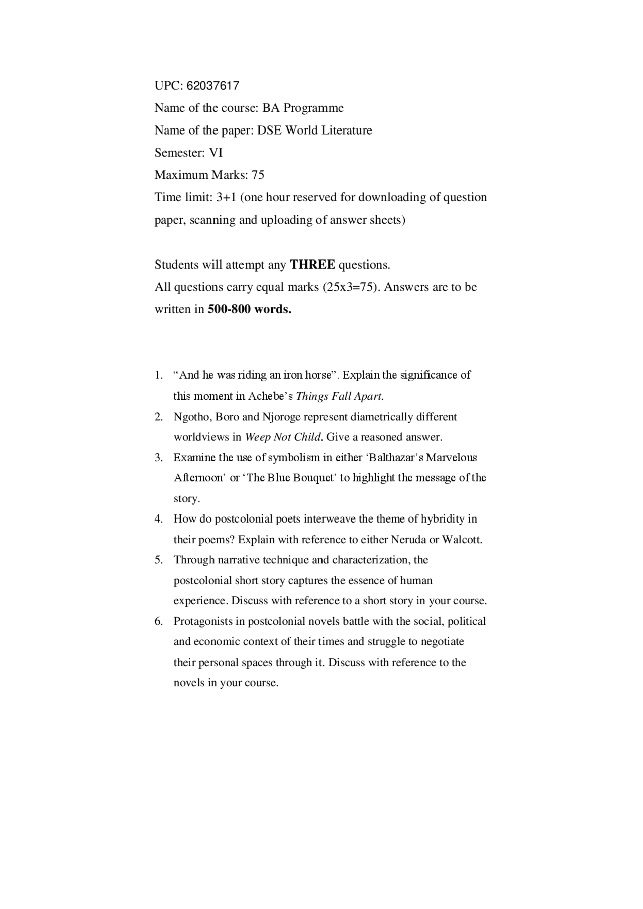 World Literature- English Dsc BAP - OBE Question Paper - Docsity