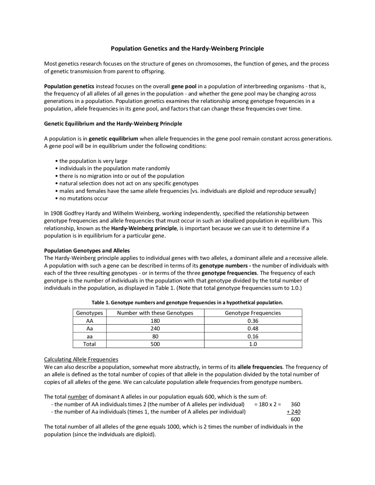 Population Genetics and the Hardy-Weinberg Principle - Docsity