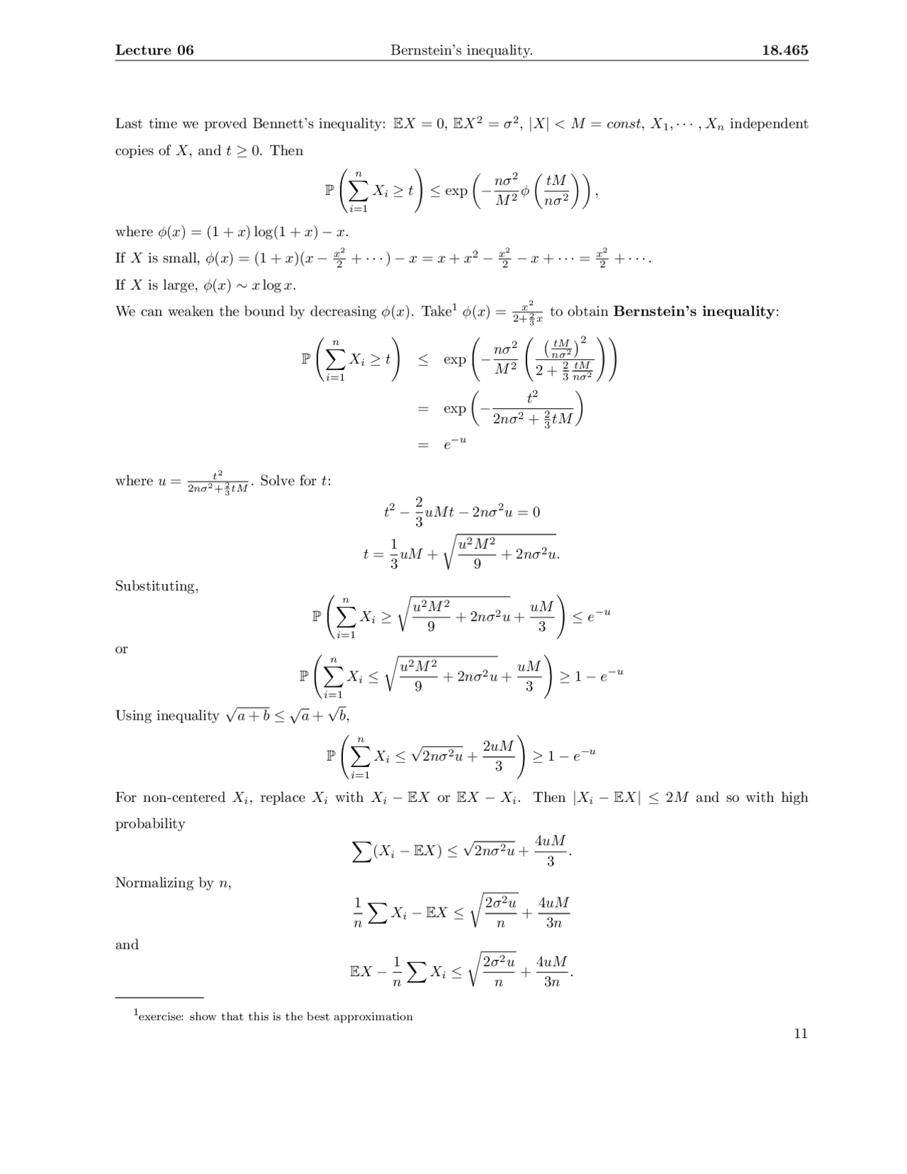 Lecture Notes On Bernsteins Inequality Docsity