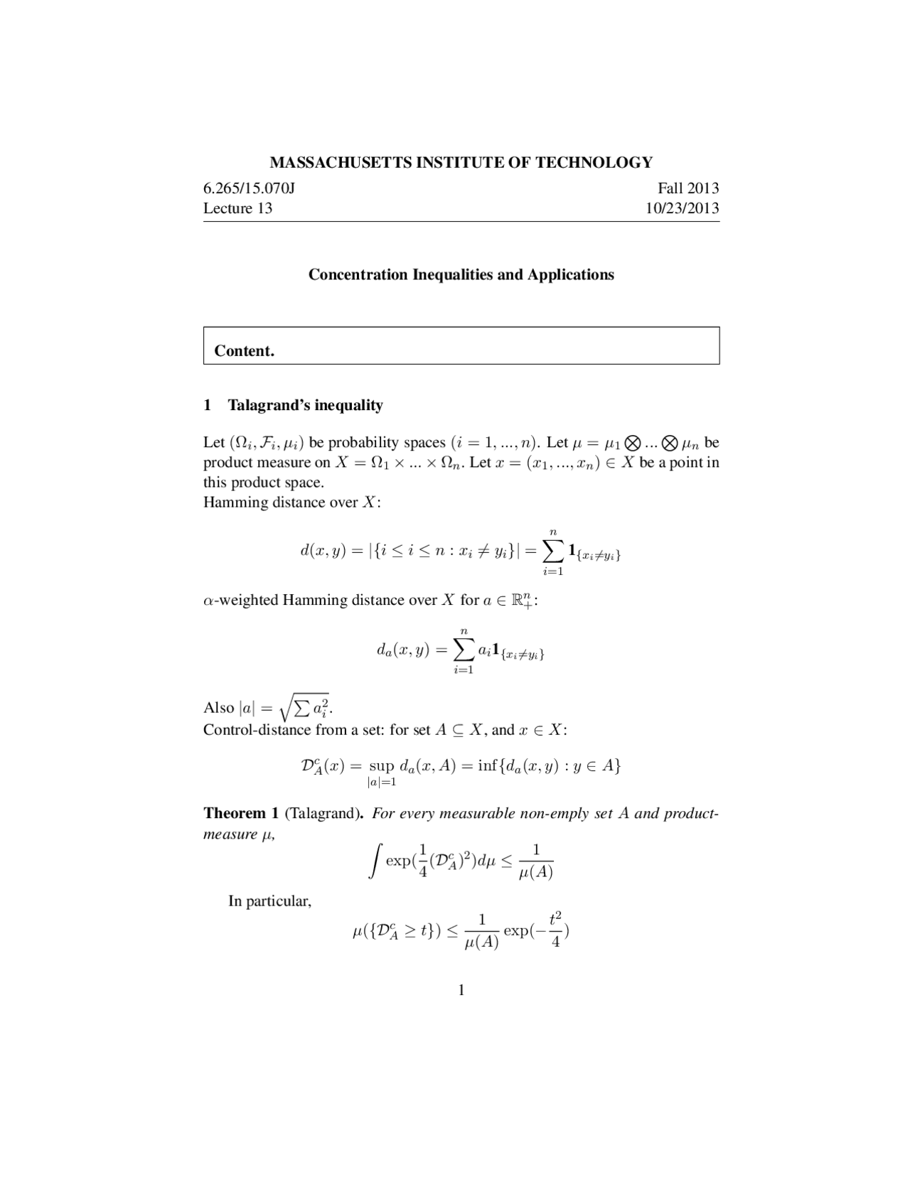 Applications Of Talagrands Concentration Inequality Docsity