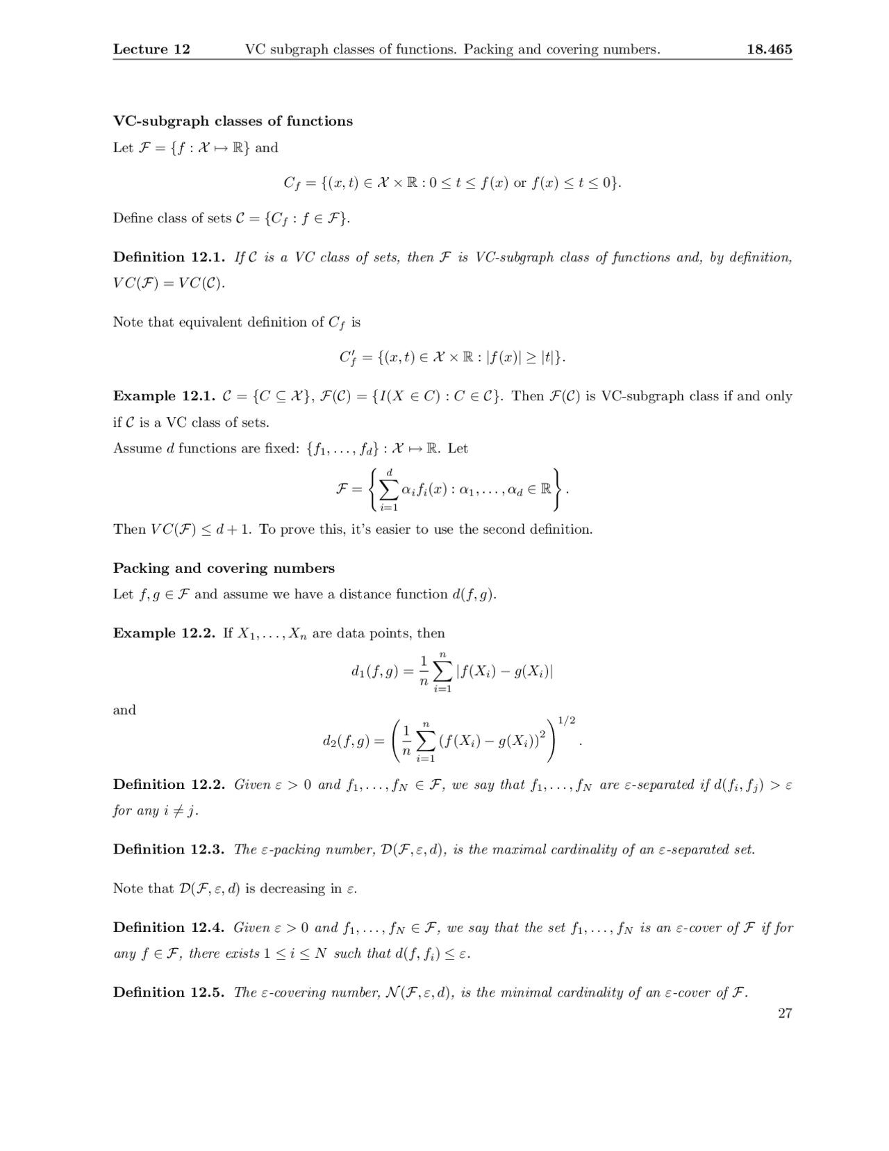 Vc Subgraph Classes Of Functions Packing And Covering Numbers Docsity
