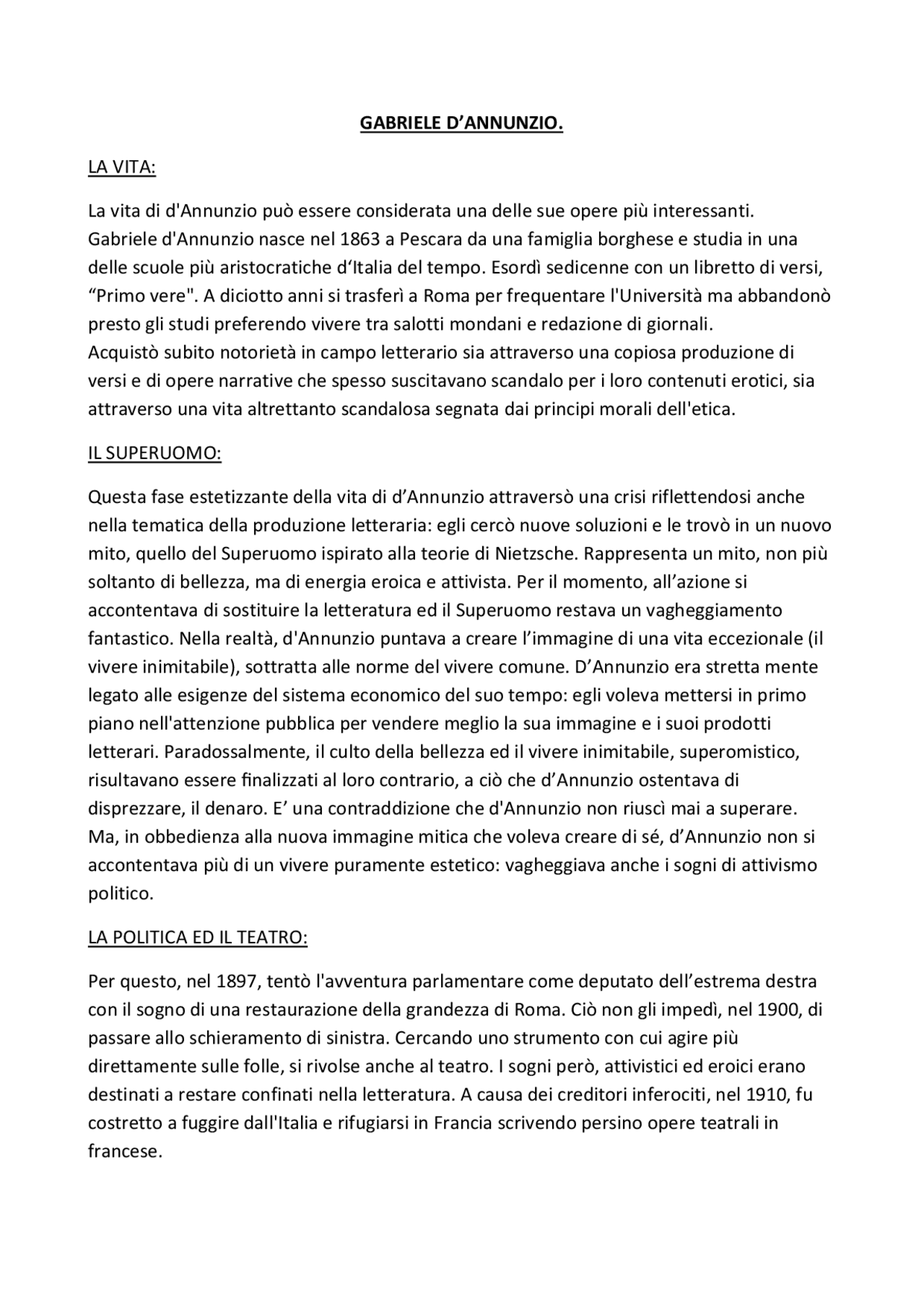 Gabriele Dannunzio Riassunto Docsity