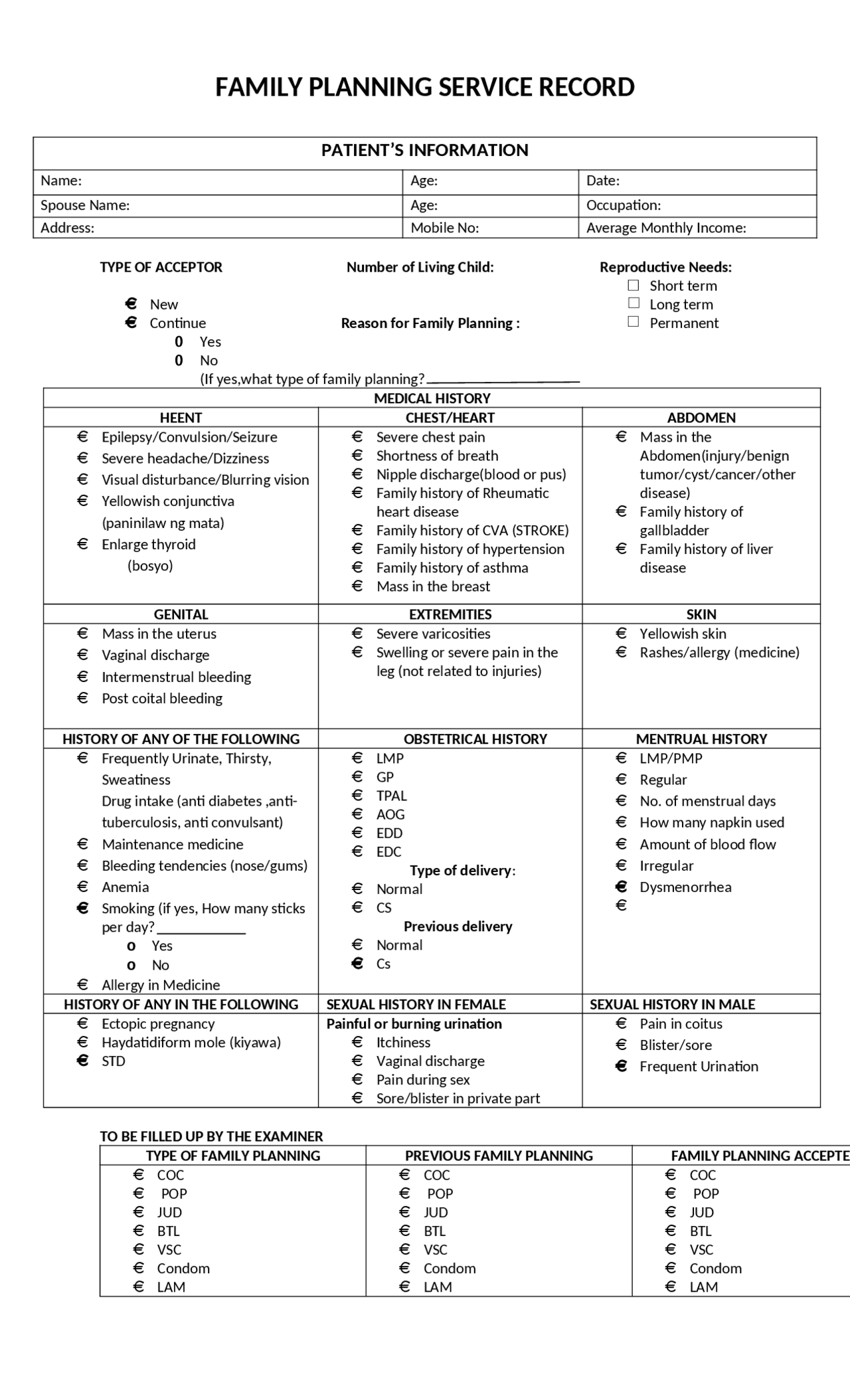 Family planning form | Assignments Family and Consumer Science | Docsity