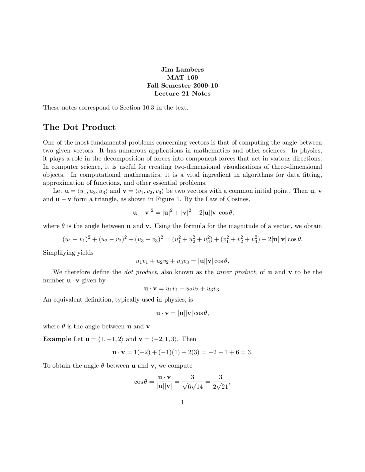 Lecture 21 Notes On The Dot Product By Jim Lambers Docsity