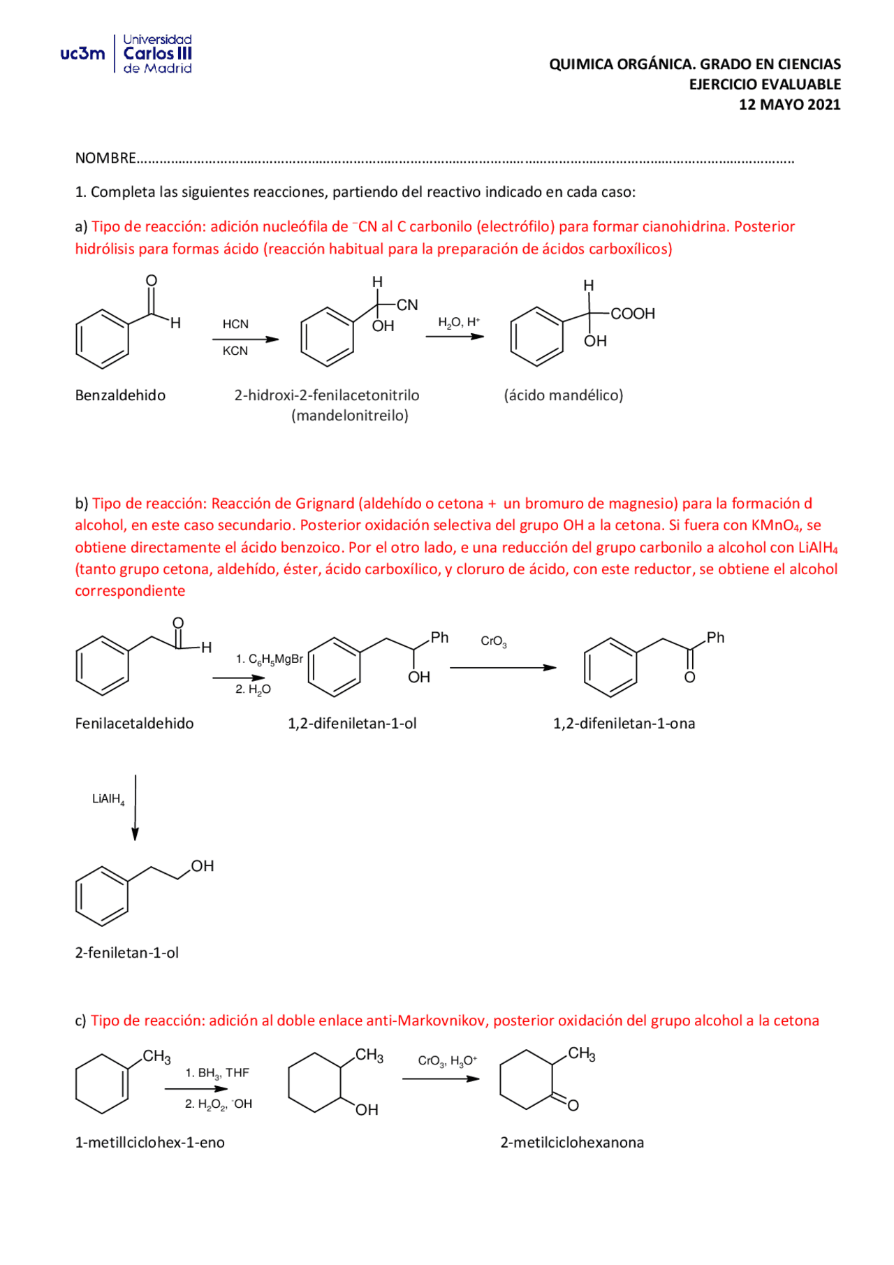 Examen parcial de química orgánica | Exámenes de Química Orgánica - Docsity