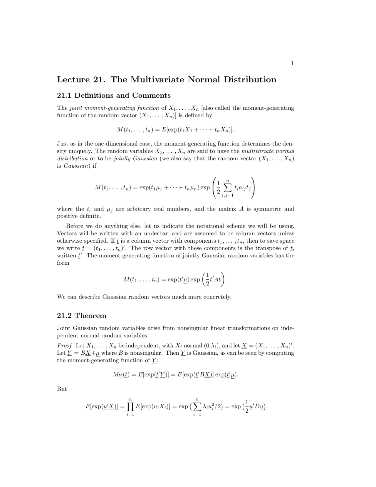 The Multivariate Normal Distribution Lecture Notes Mathematics Docsity