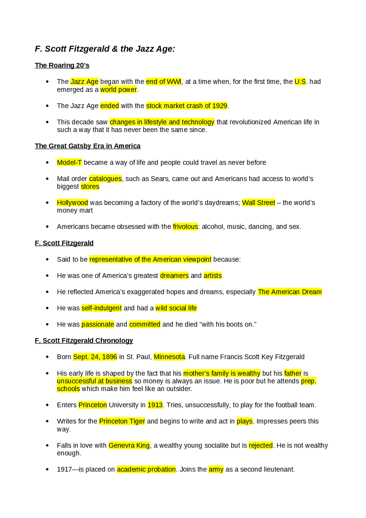 Fitzgerald & Jazz Age — Roaring 20s - Docsity