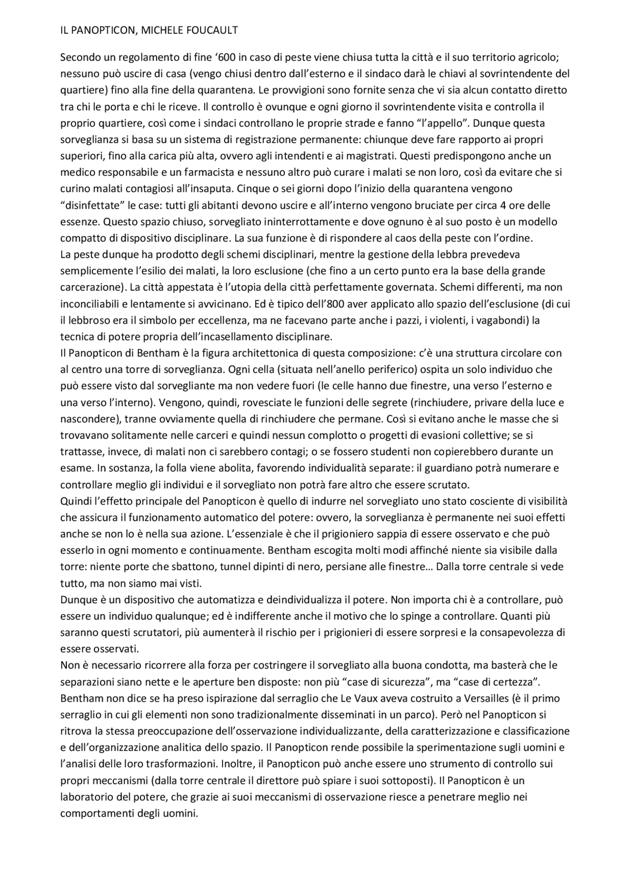 Riassunto Capitolo Il Panopticon Di Foucault Docsity