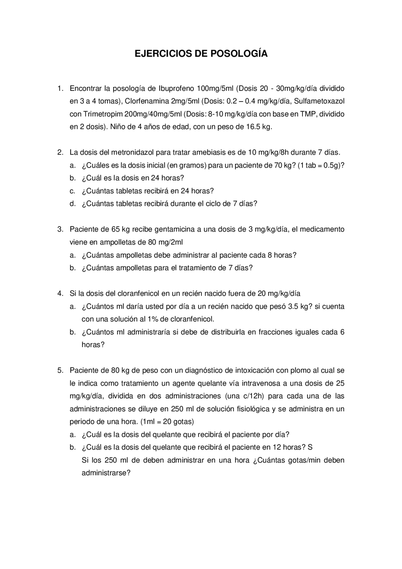 Ejercicios Posologia Ejercicios De Farmacología Docsity