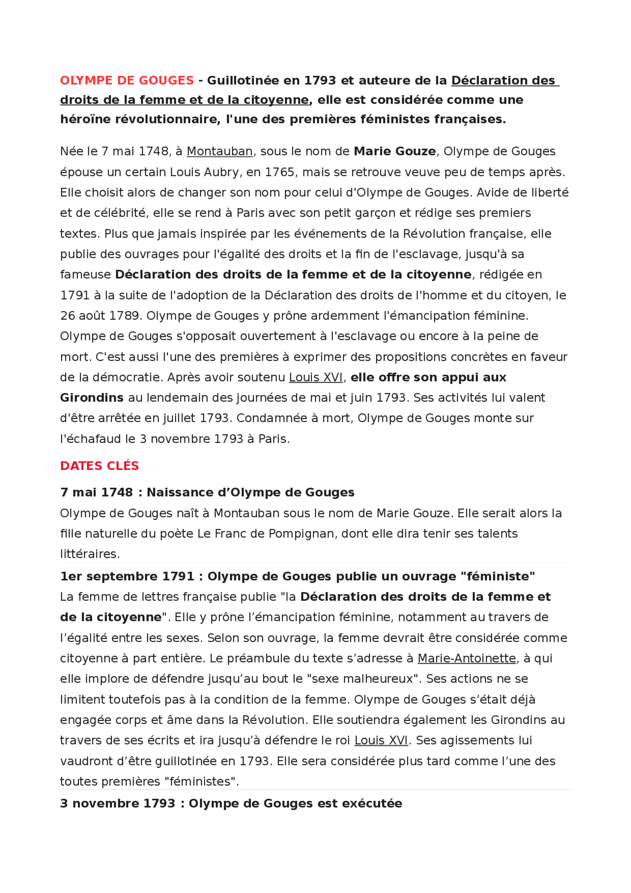 Vita Di Olympe De Gouges Docsity