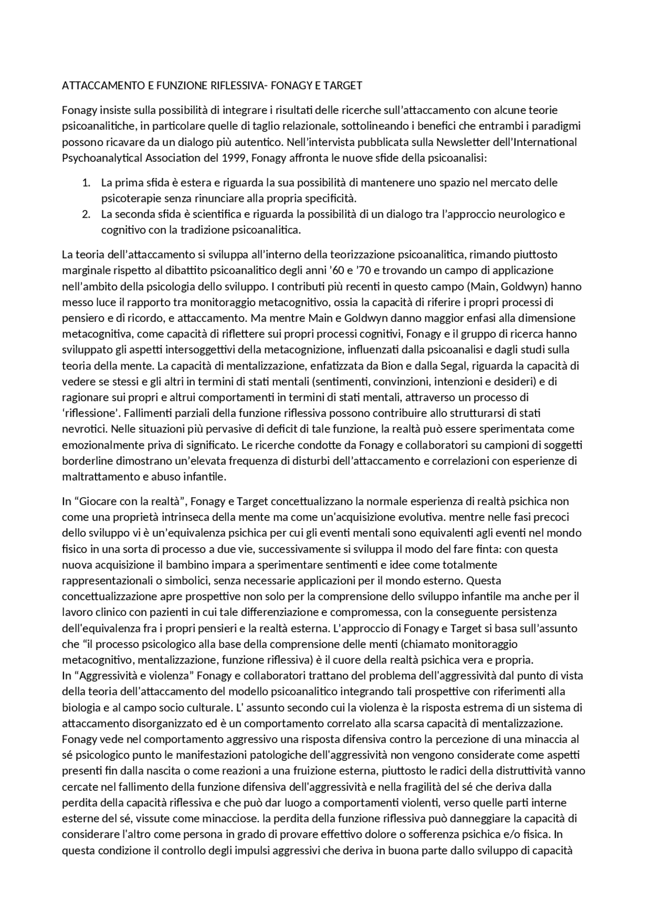 Attaccamento E Funzione Riflessiva Fonagy Docsity