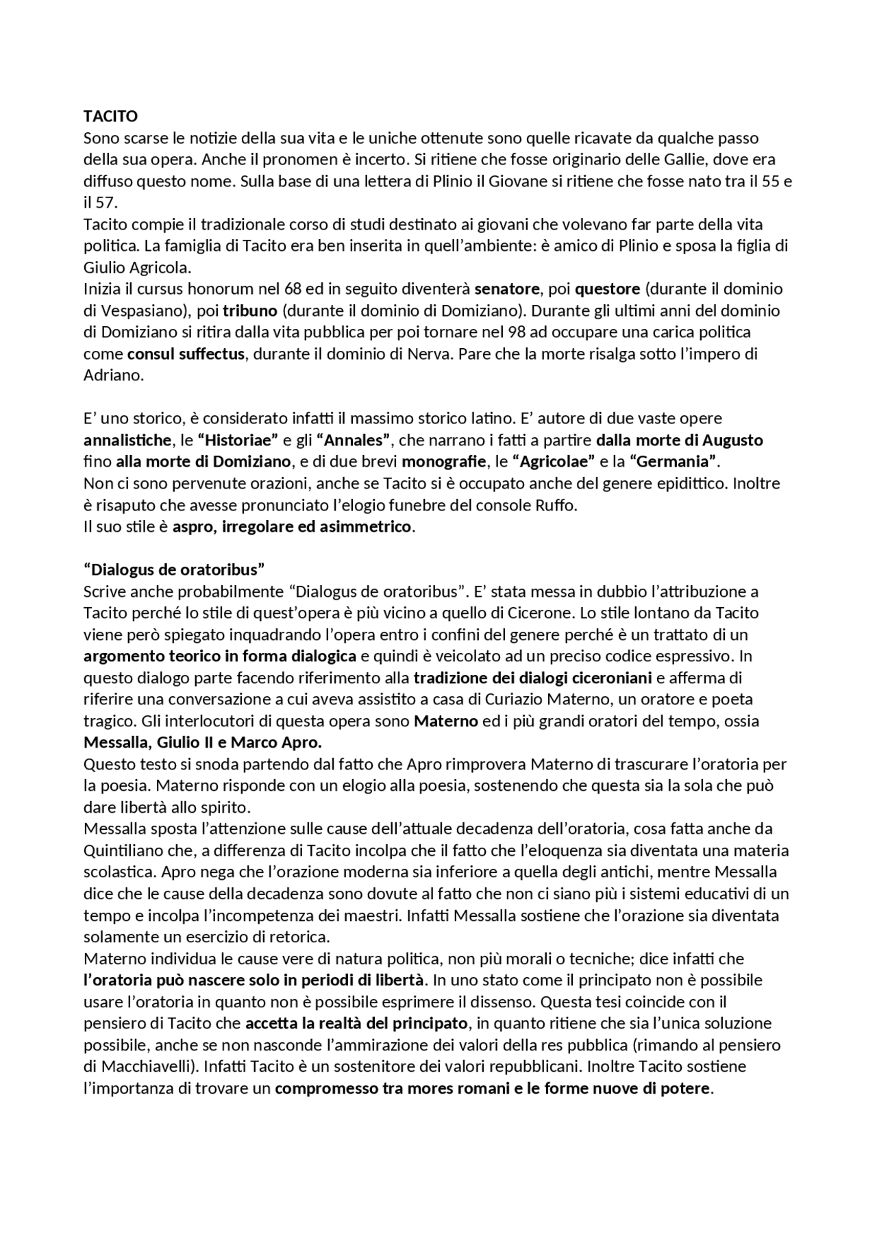 Appunti Su Vita E Opere Di Tacito Docsity