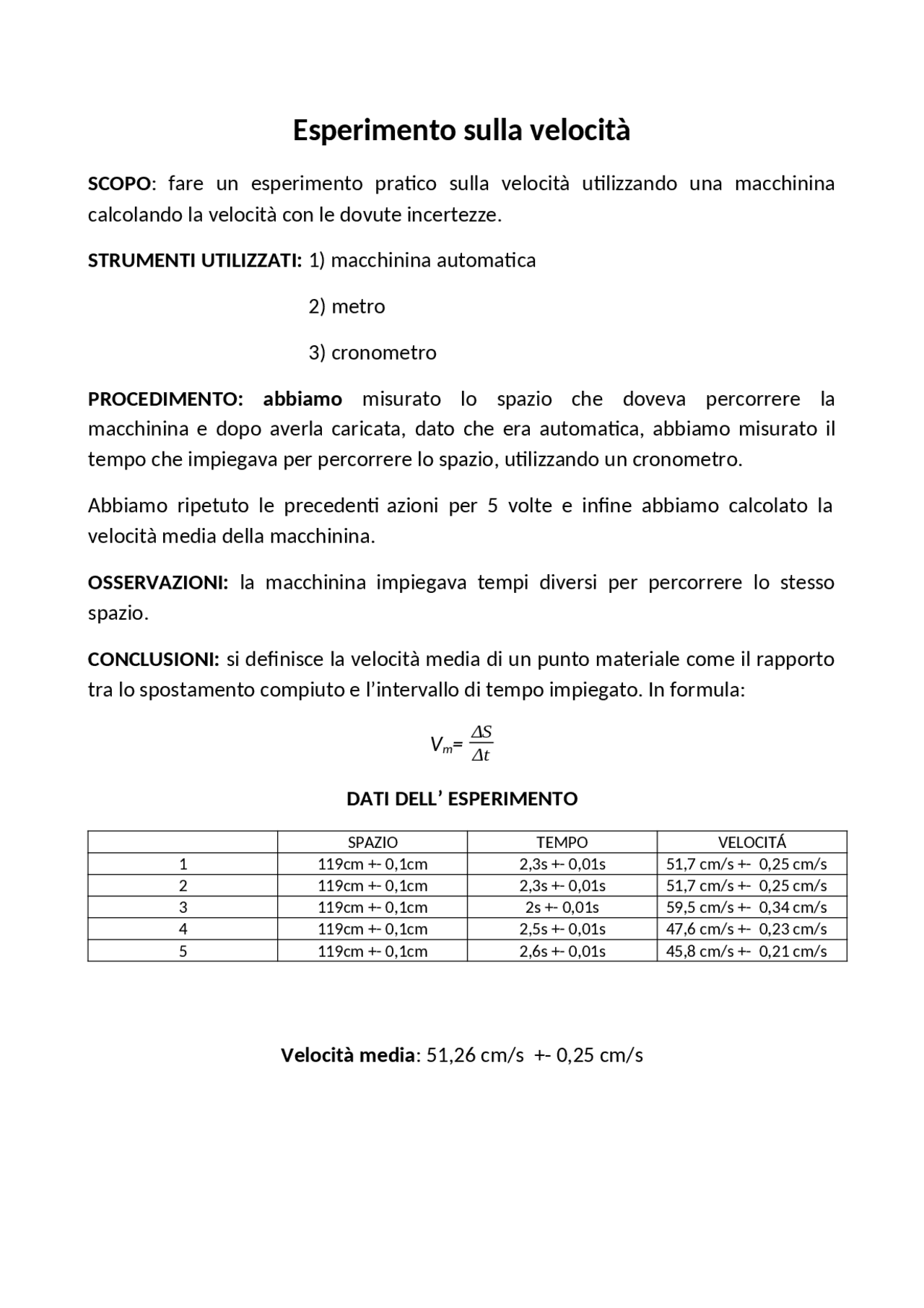 Esperimento Sulla Velocità Docsity