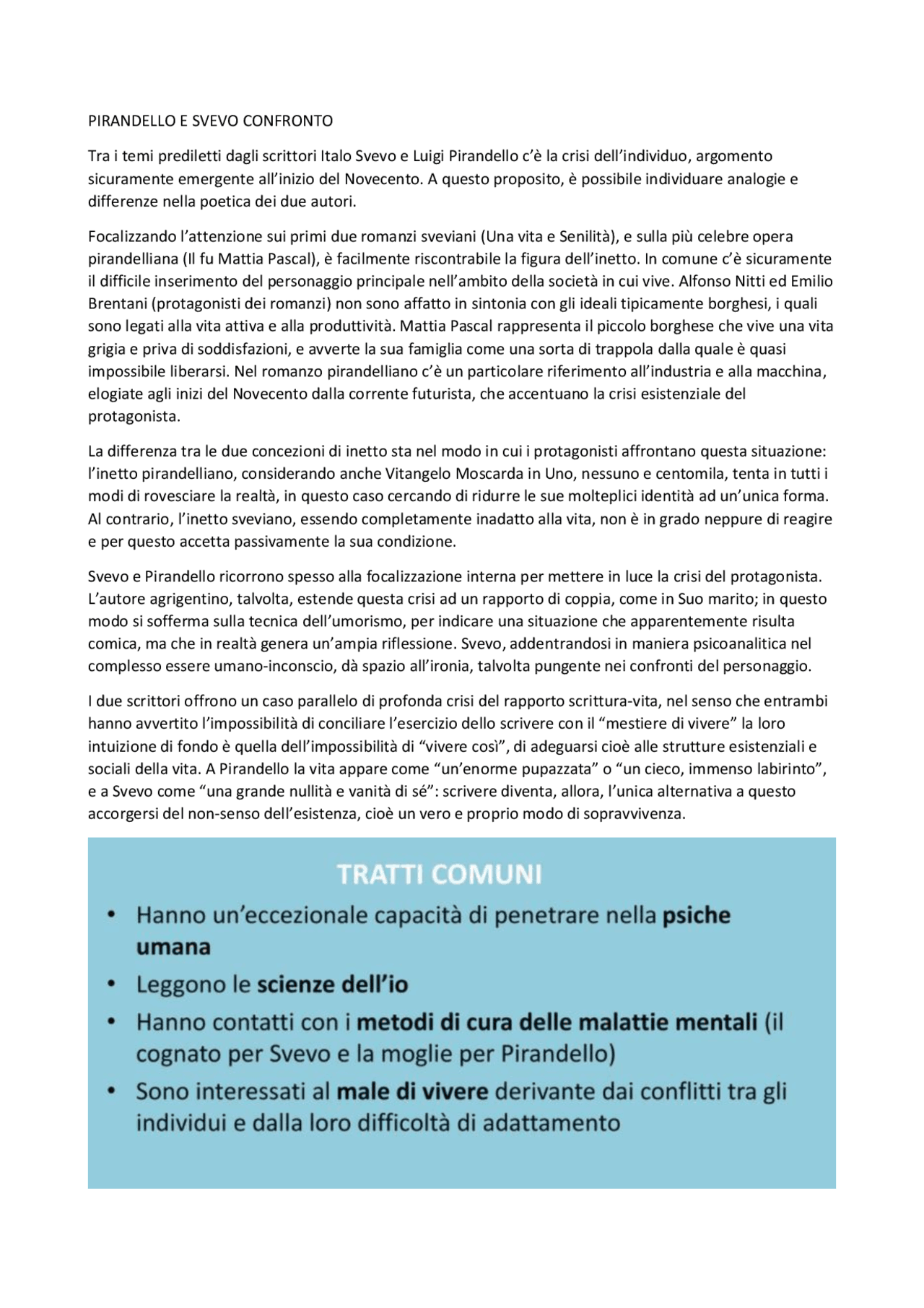 PIRANDELLO E SVEVO CONFRONTO | Appunti di Italiano | Docsity