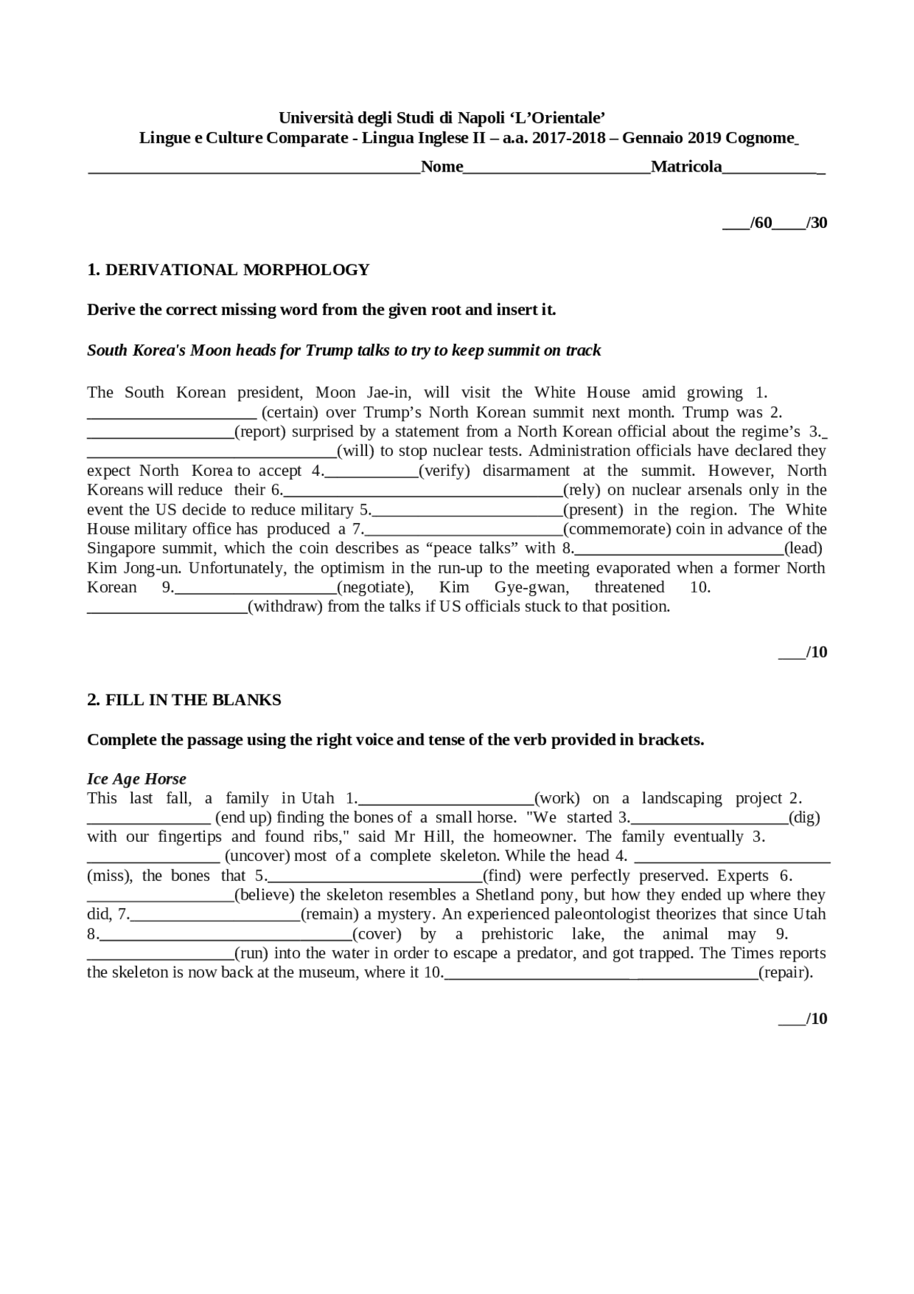 Mick test esame lingua inglese 2 | Exercices de Langue Anglaise | Docsity