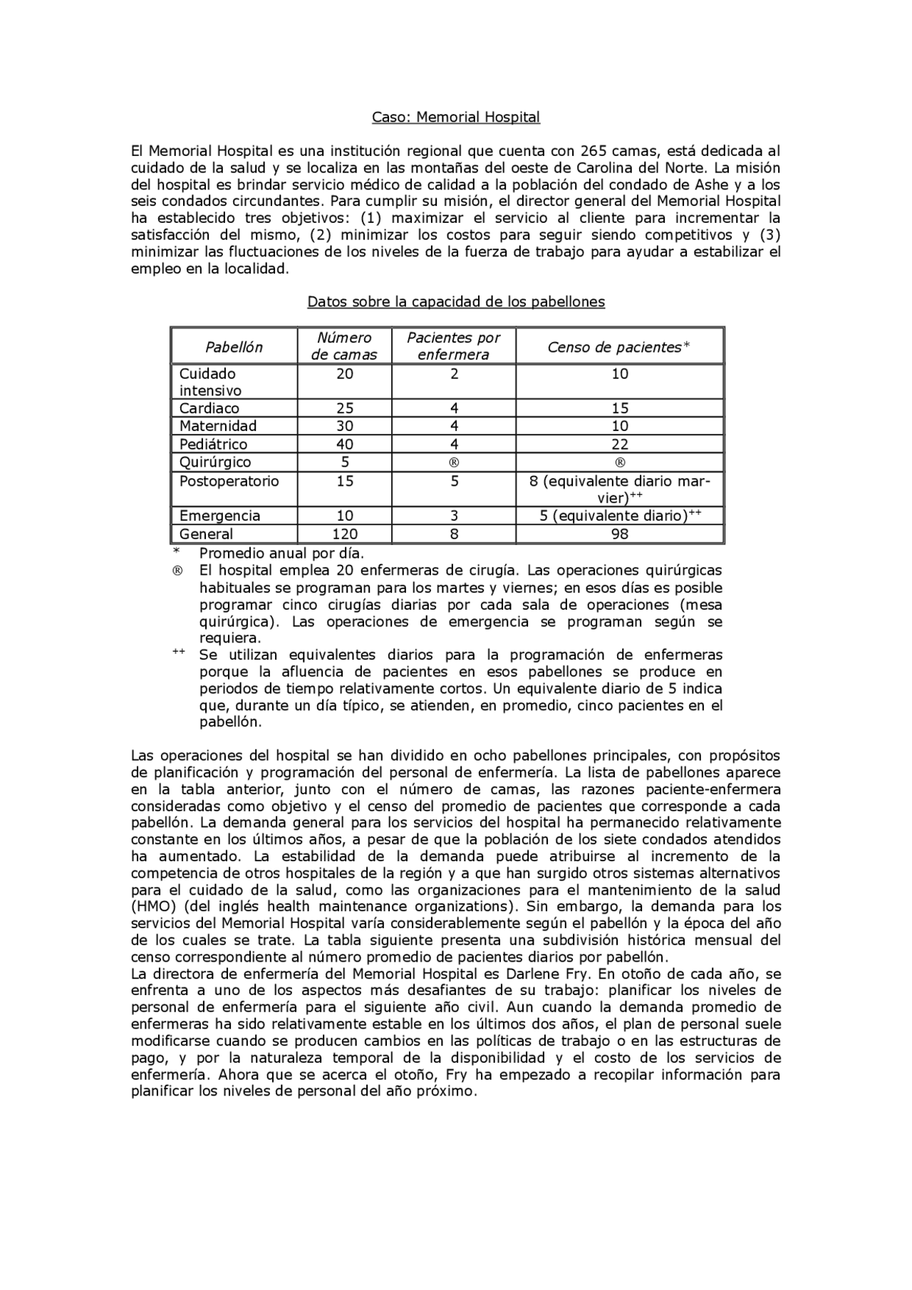 Planteamiento del Caso Memorial Hospital | Apuntes de Administración de ...