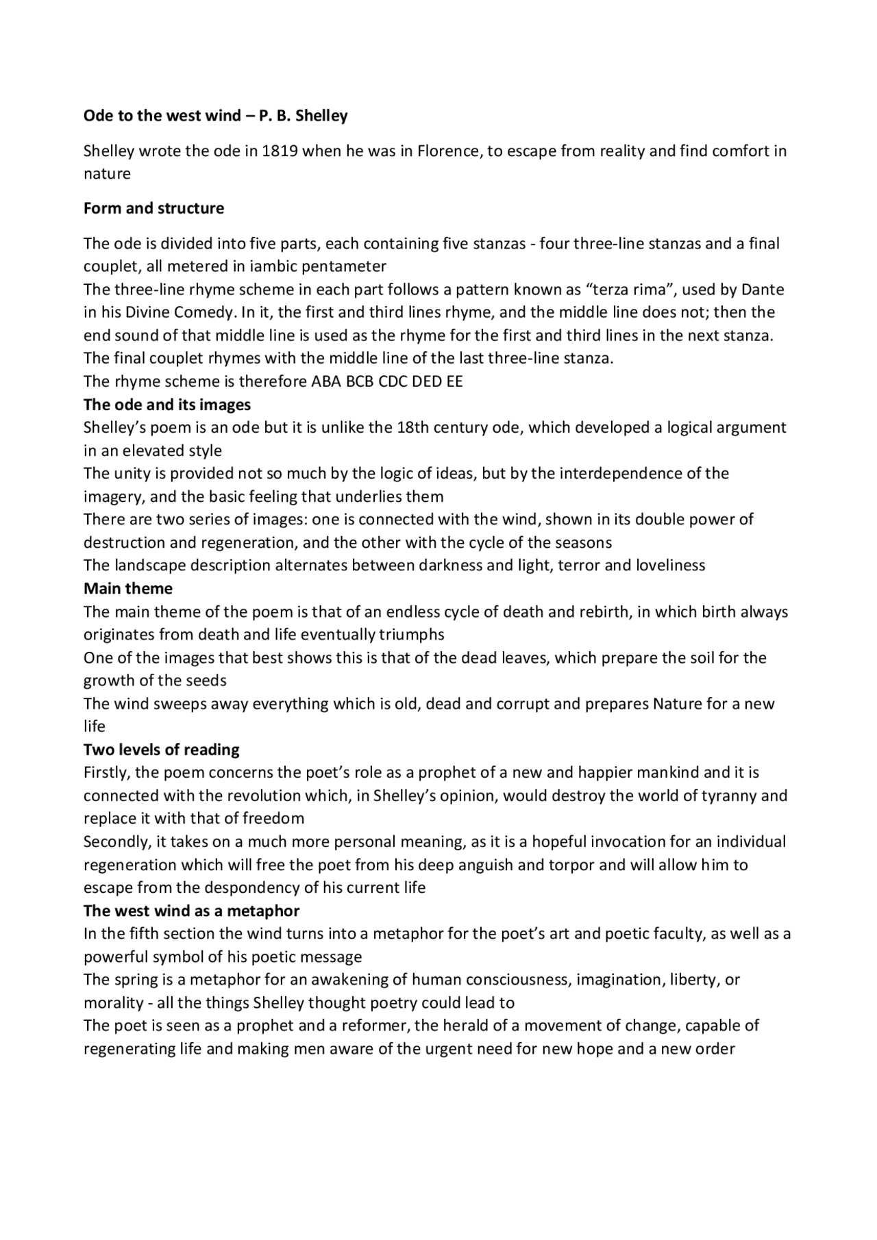 Analysis Ode to the West Wind - Shelley - Docsity