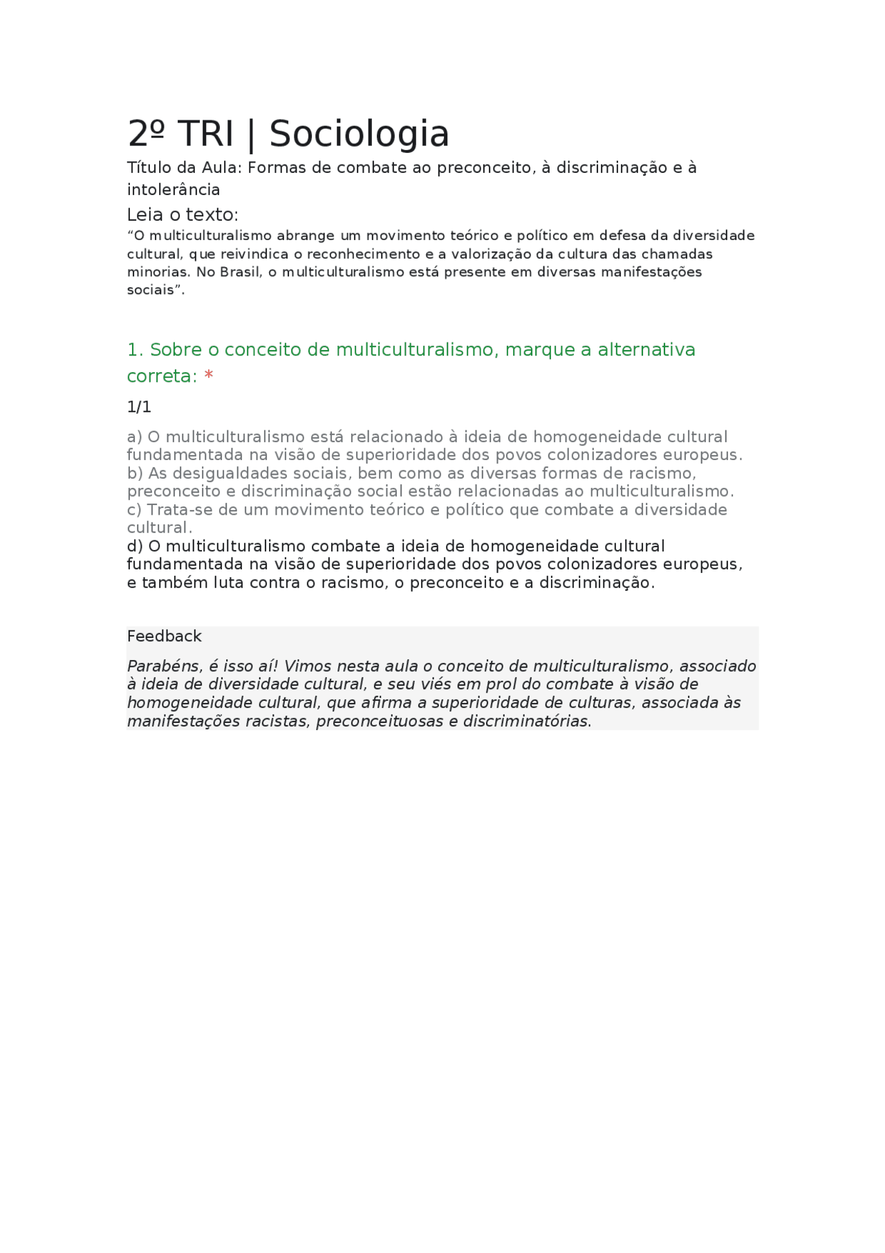 Sociologia Multiculturalismo | Esquemas Sociologia | Docsity