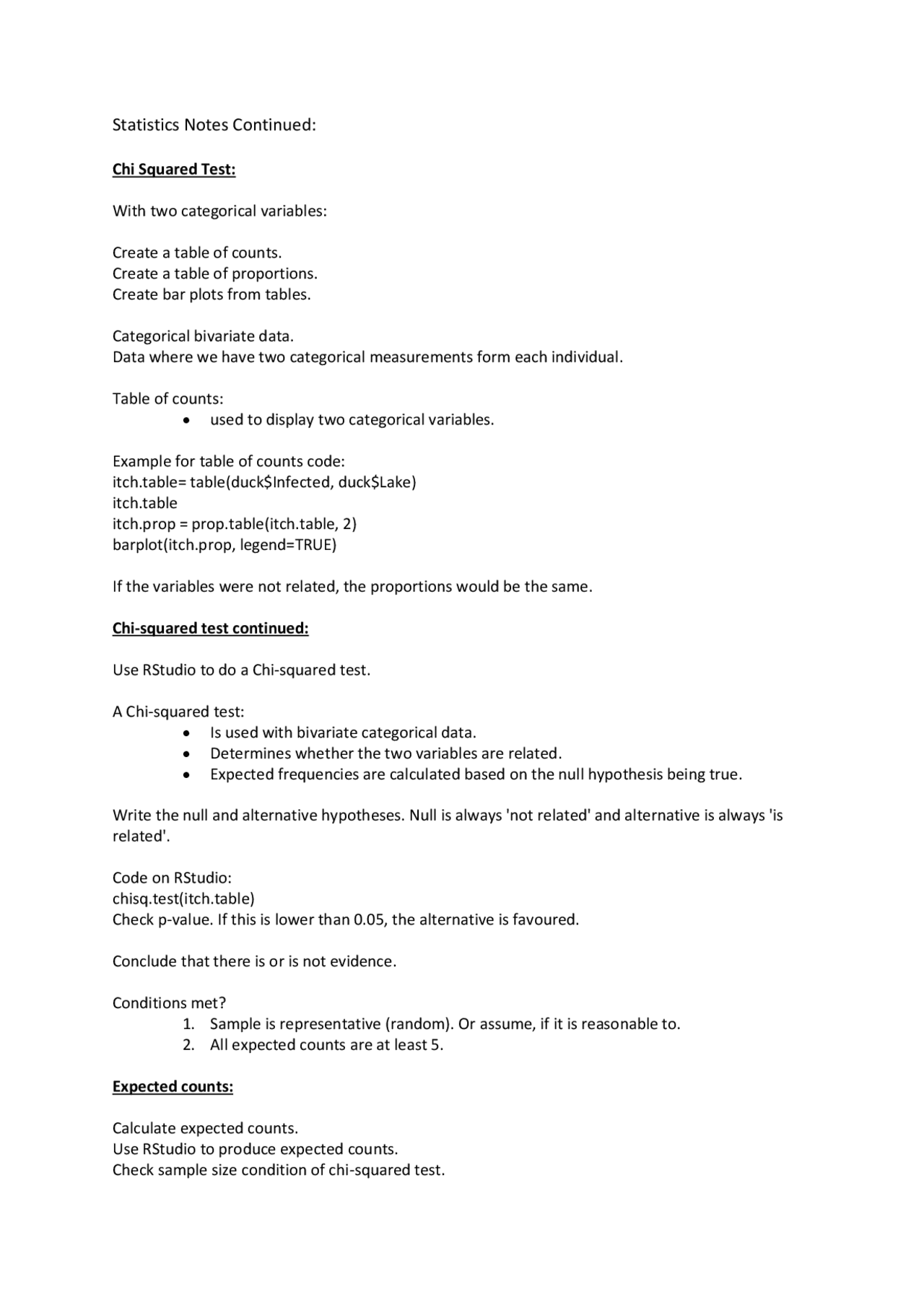 Chi squared tests and expected counts | Cheat Sheet Statistics | Docsity